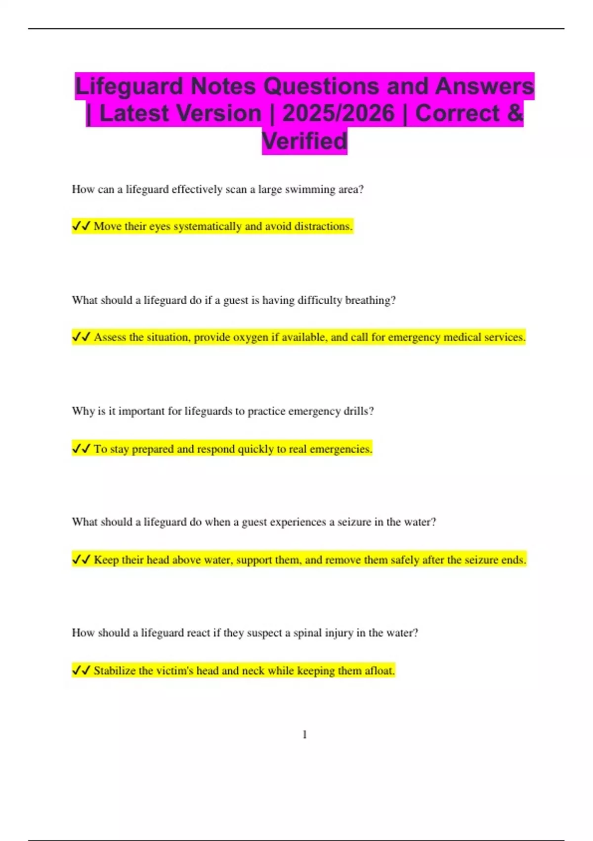 Lifeguard Notes Questions and Answers | Latest Version | 2025/2026 ...
