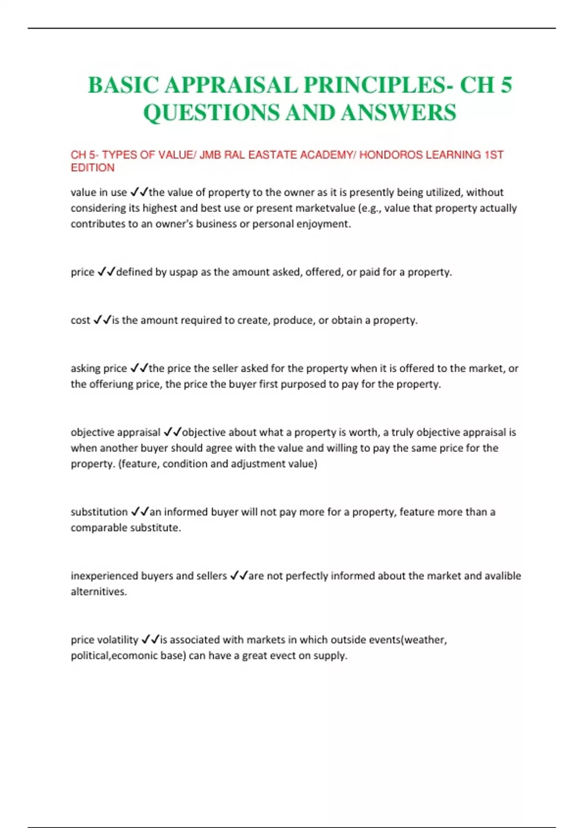 BASIC APPRAISAL PRINCIPLES- CH 5 QUESTIONS AND ANSWERS - Basic appraisal - Stuvia US
