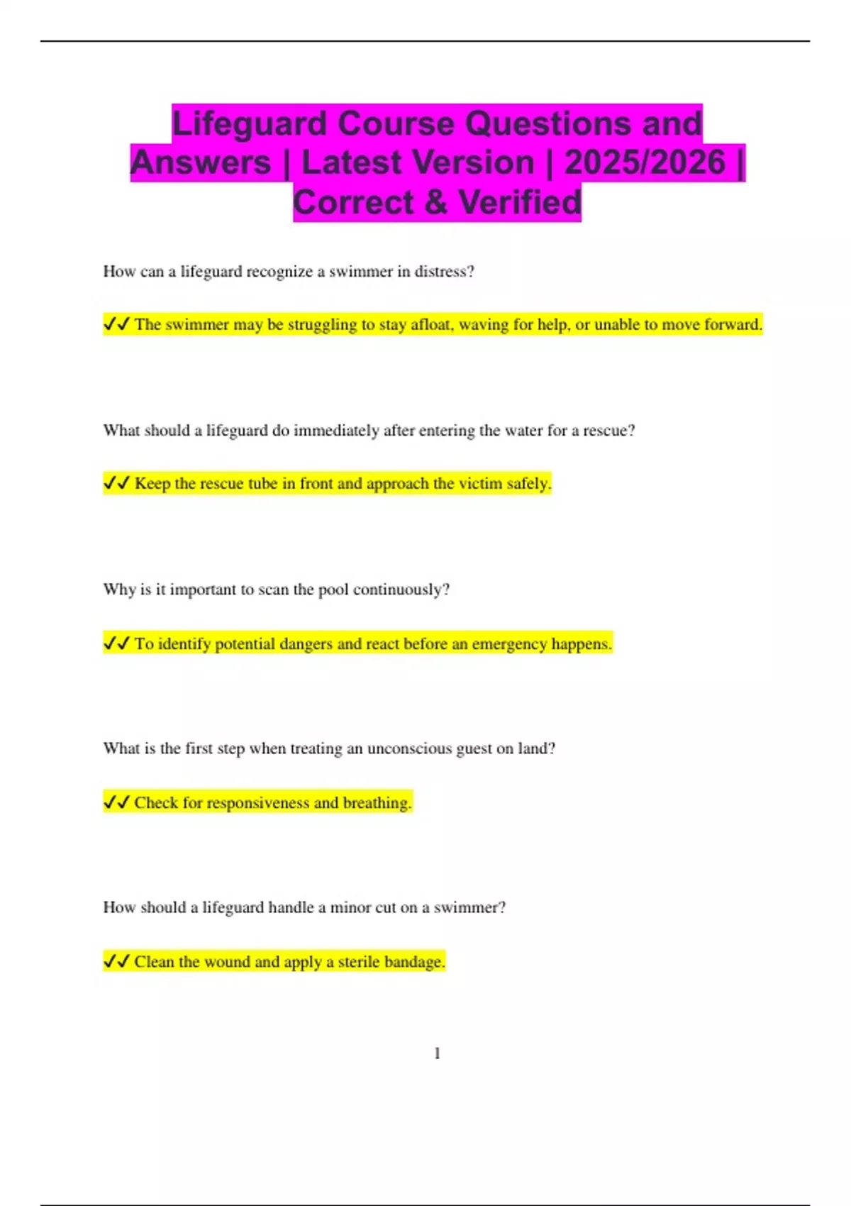 Lifeguard Course Questions and Answers | Latest Version | 2025/2026 ...
