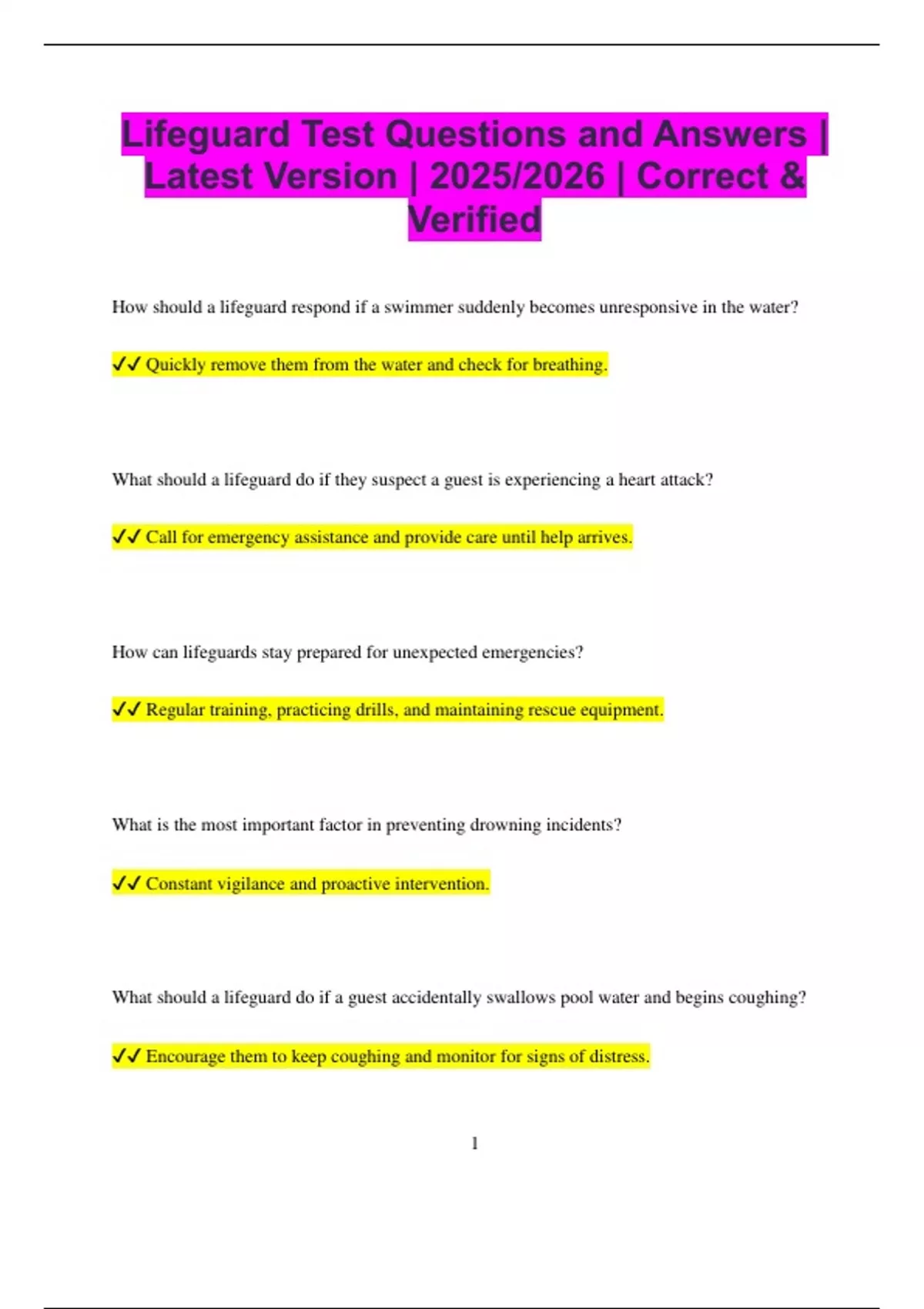 Lifeguard Test Questions and Answers | Latest Version | 2025/2026 ...