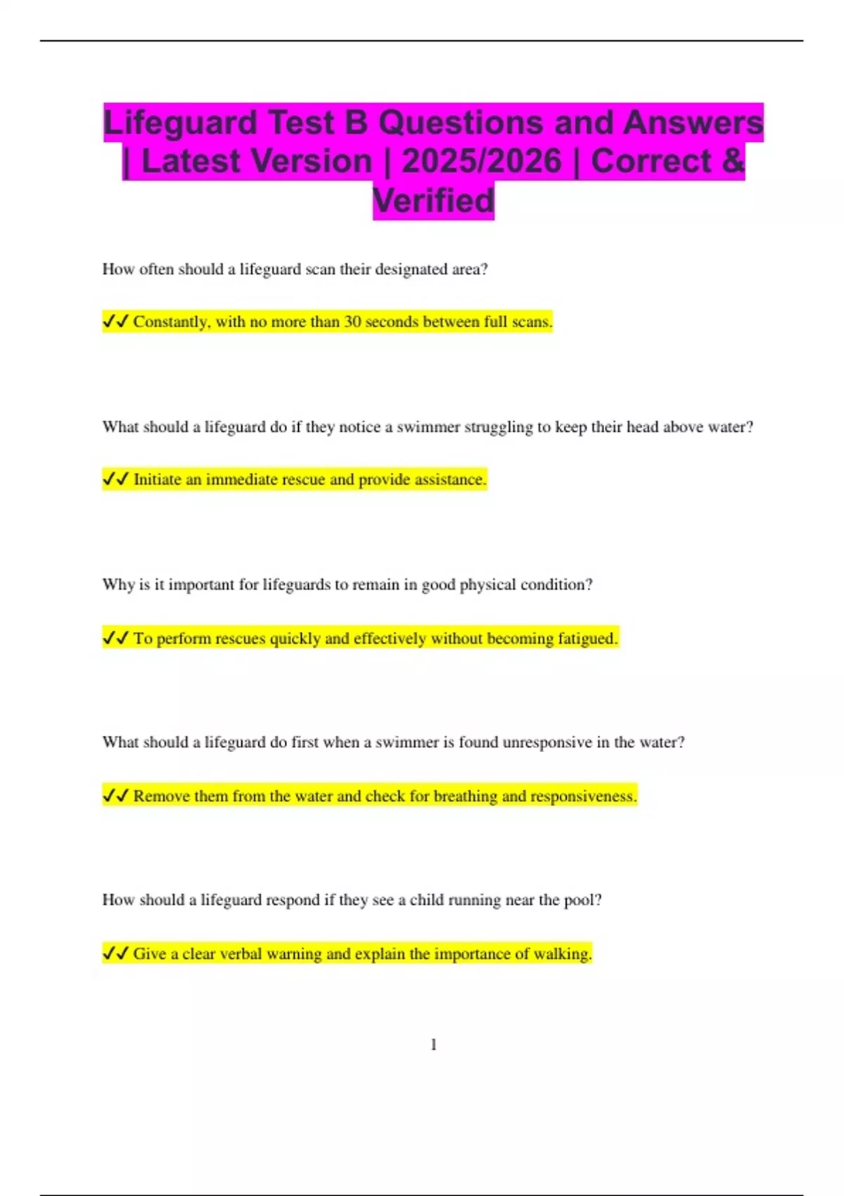 Lifeguard Test B Questions and Answers | Latest Version | 2025/2026 ...