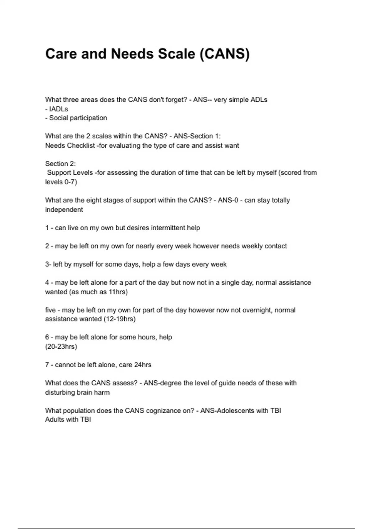 Care and Needs Scale (CANS) QUESTIONS WITH DETAILED VERIFIED ANSWERS ...
