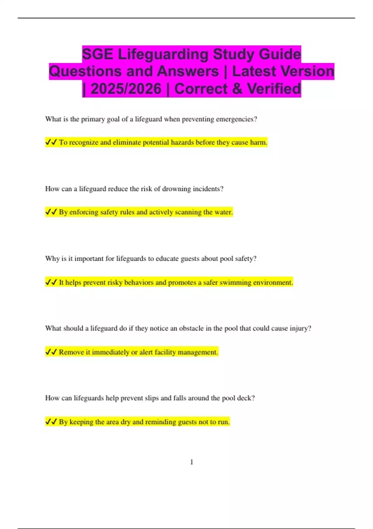 SGE Lifeguarding Study Guide Questions and Answers | Latest Version ...