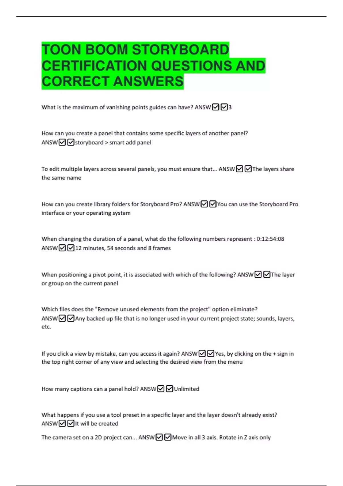 TOON BOOM STORYBOARD CERTIFICATION QUESTIONS AND CORRECT ANSWERS ...