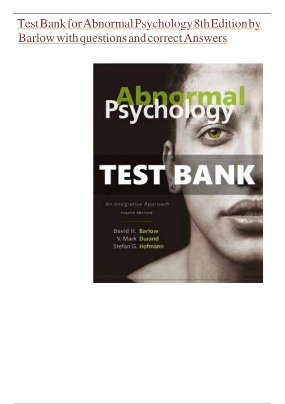 Test Bank for Abnormal Psychology 8th Edition By Barlow Complete All ...