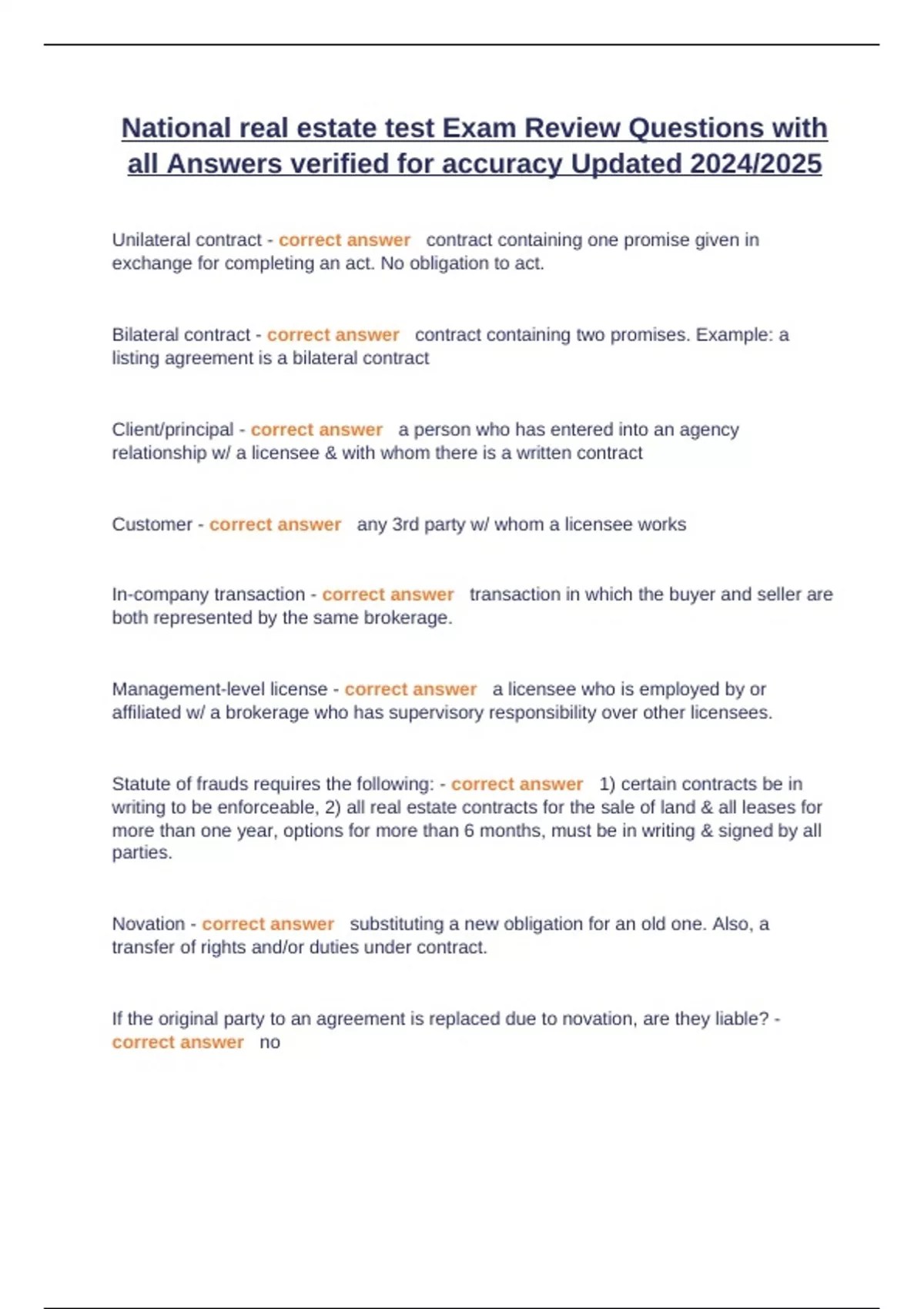 National real estate test Exam Review Questions with all Answers ...