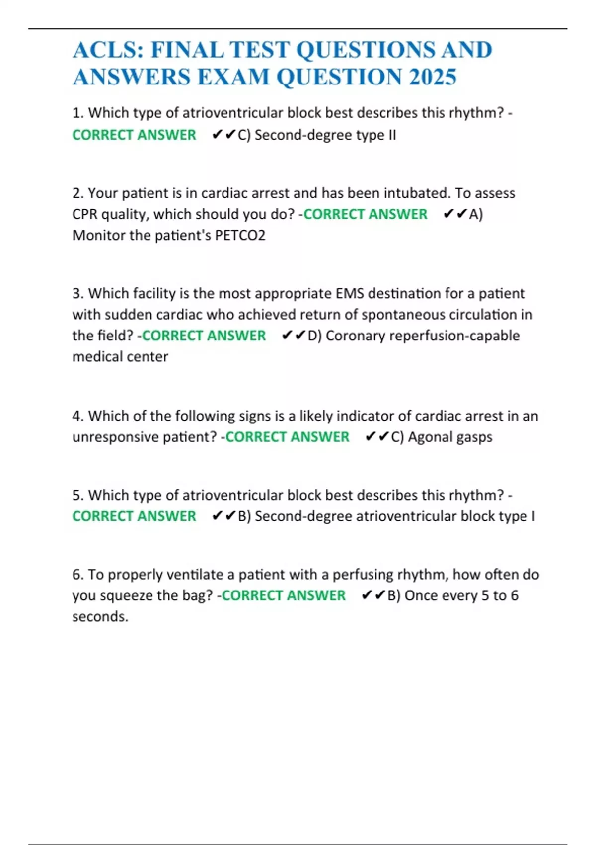 ACLS FINAL TEST QUESTIONS AND ANSWERS EXAM QUESTION 2025.docx ...