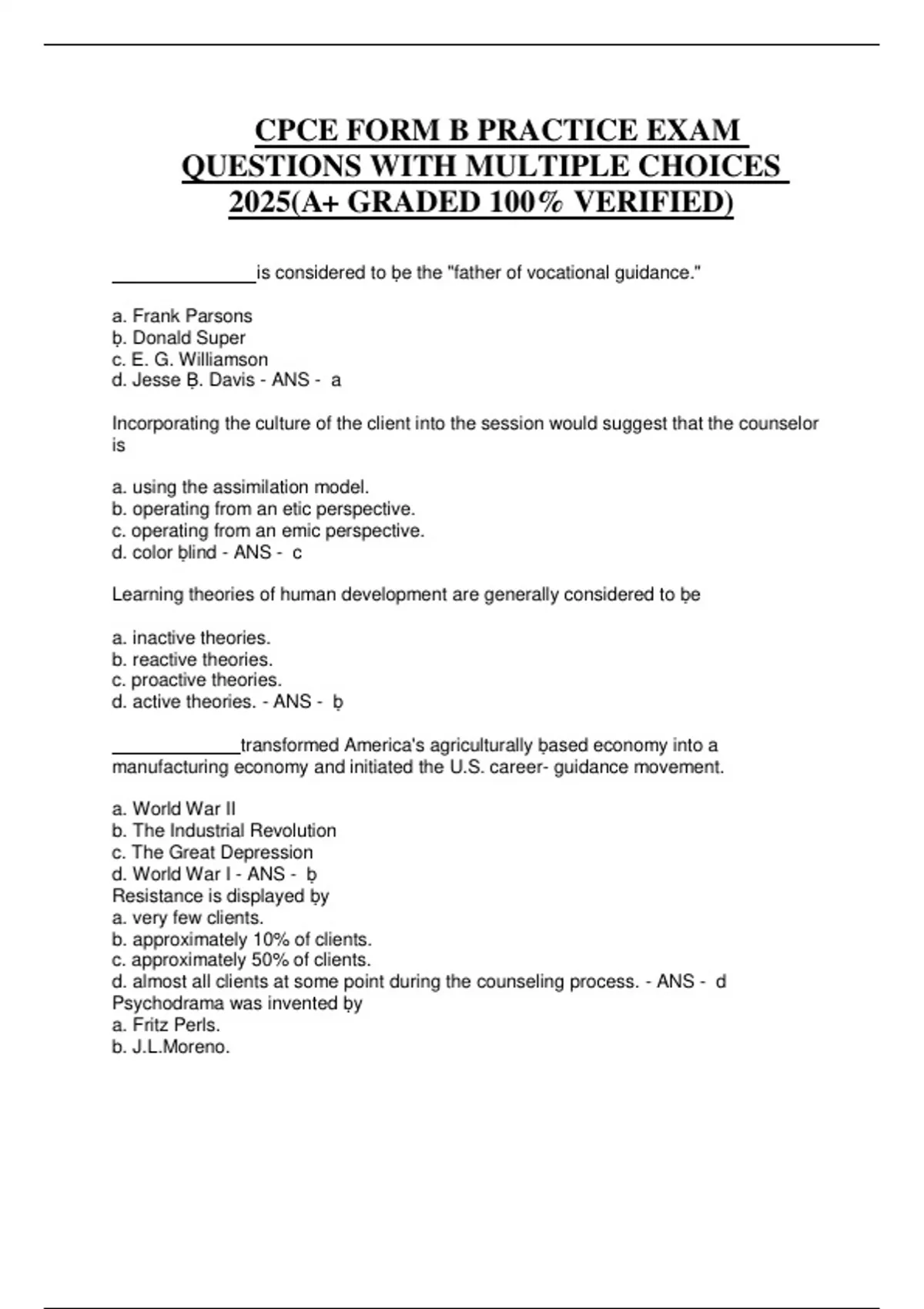 CPCE FORM B PRACTICE EXAM QUESTIONS WITH MULTIPLE CHOICES 2025(A+ ...