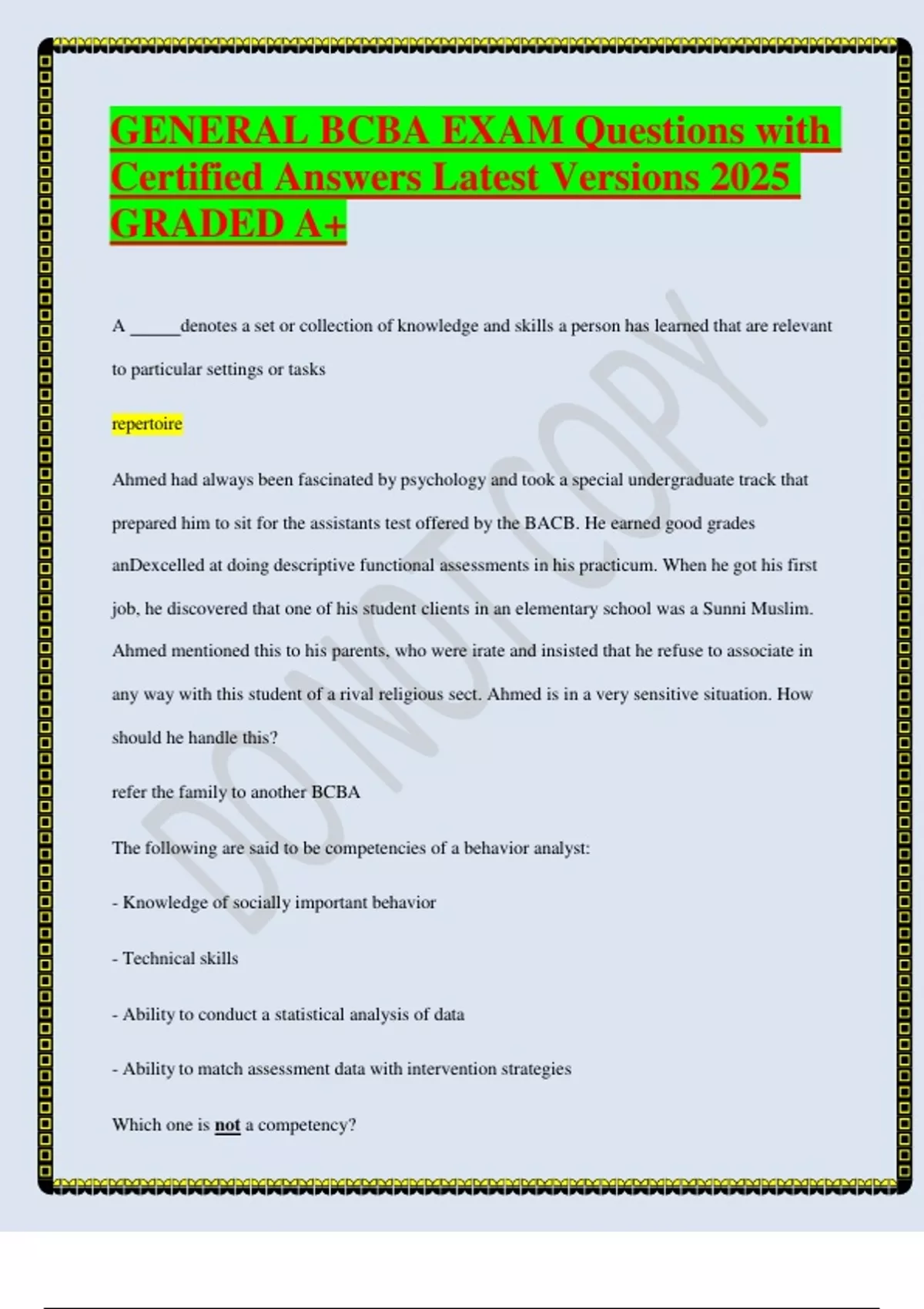 GENERAL BCBA EXAM Questions with Certified Answers Latest Versions 2025 ...