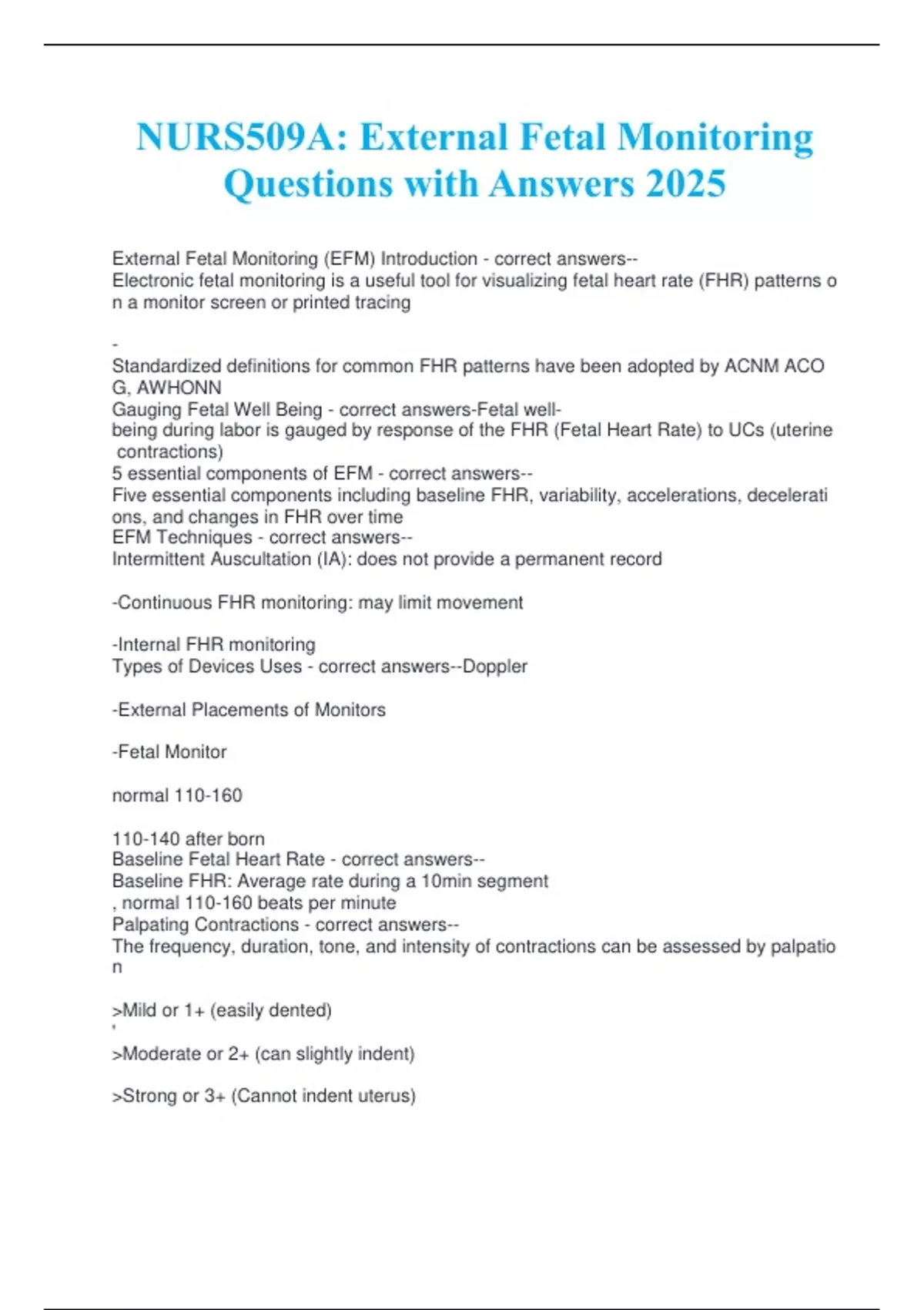 NURS509A External Fetal Monitoring Questions with Answers 2025 - AWHONN ...