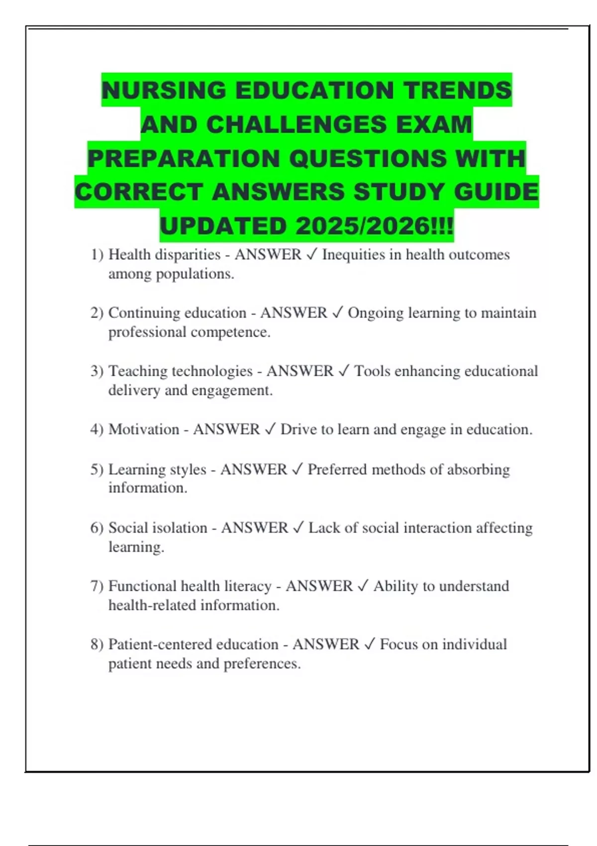 NURSING EDUCATION TRENDS AND CHALLENGES EXAM PREPARATION QUESTIONS WITH ...
