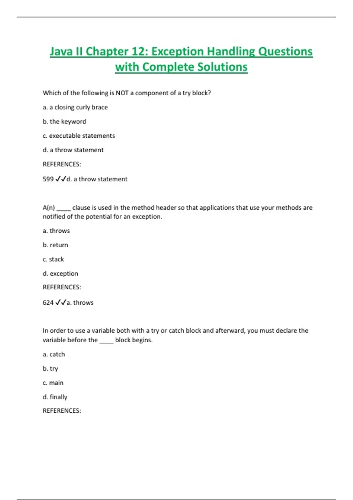Java II Chapter 12: Exception Handling Questions with Complete Solutions - JAVA - Stuvia US