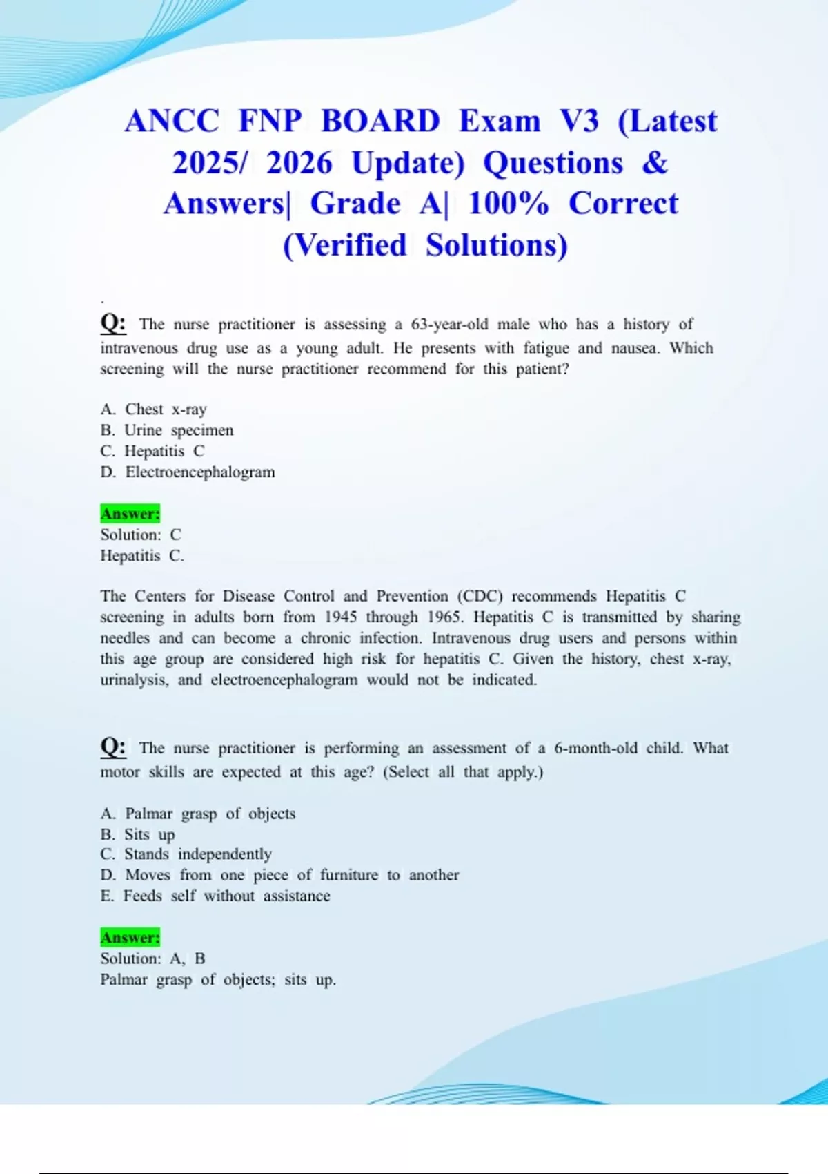 ANCC FNP BOARD Exam V3 (Latest 2025/ 2026 Update) Questions & Answers ...