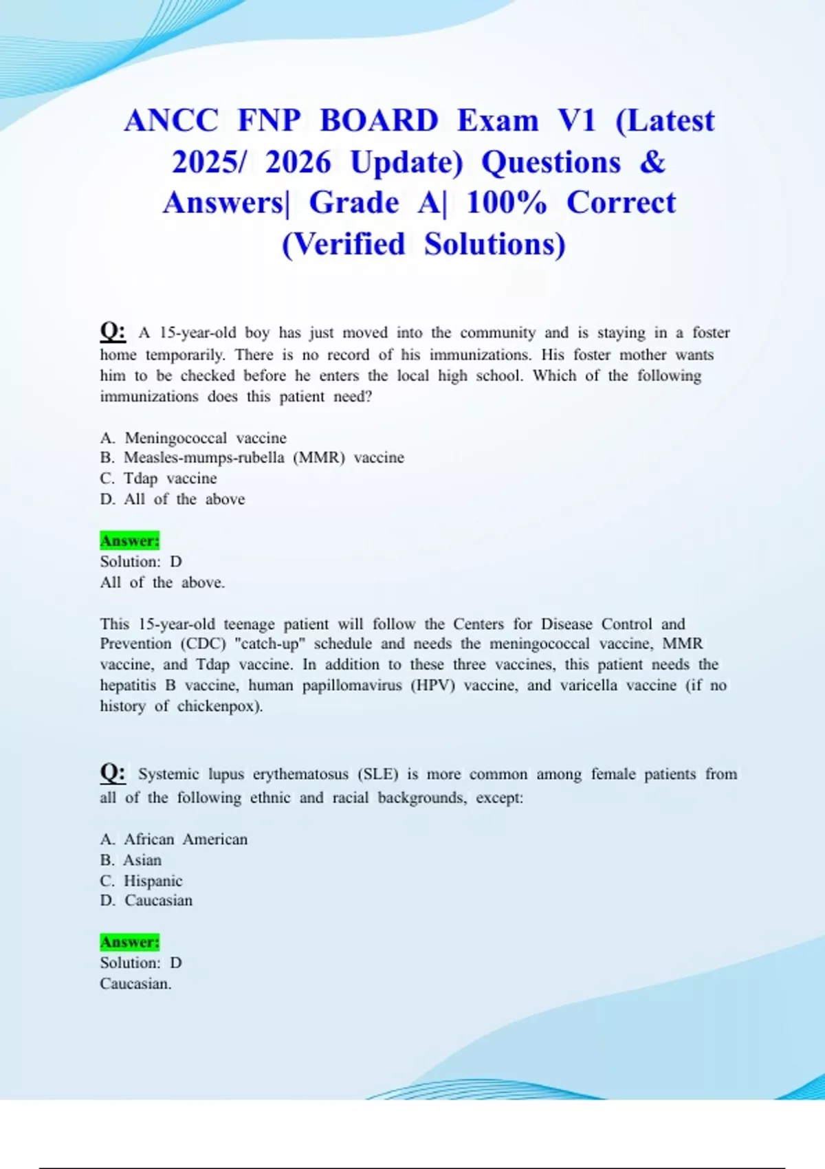 ANCC FNP BOARD Exam V1 (Latest 2025/ 2026 Update) Questions & Answers ...
