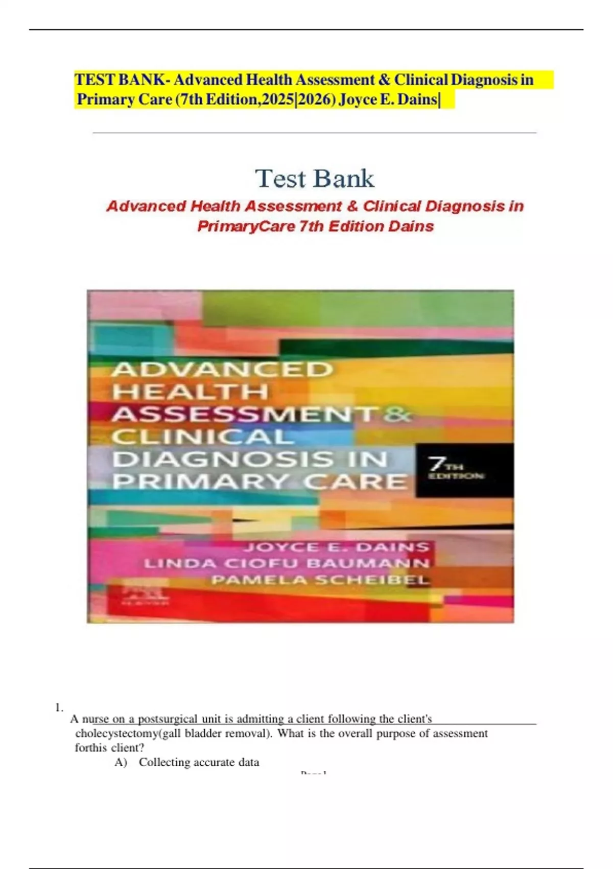 Test Bank - Health Assessment in Nursing 7th Edition by Janet R. Weber ...