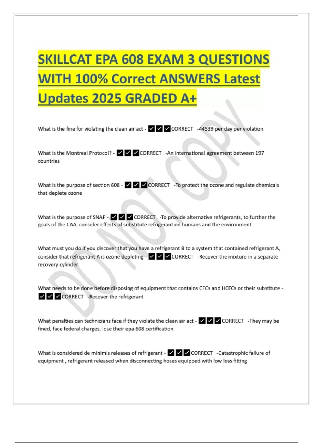 SKILLCAT EPA 608 EXAM 3 QUESTIONS WITH 100- Correct ANSWERS Latest ...