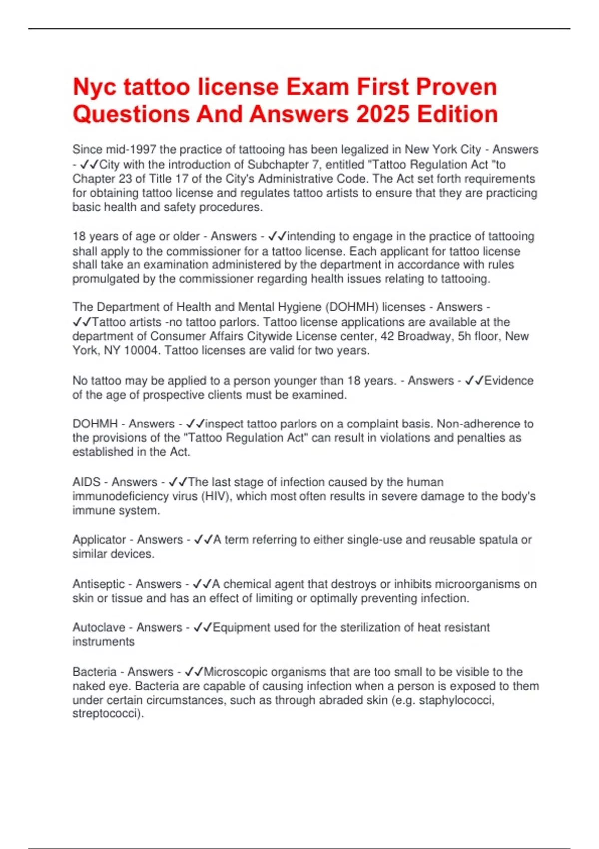 Nyc tattoo license Exam First Proven Questions And Answers 2025 Edition ...