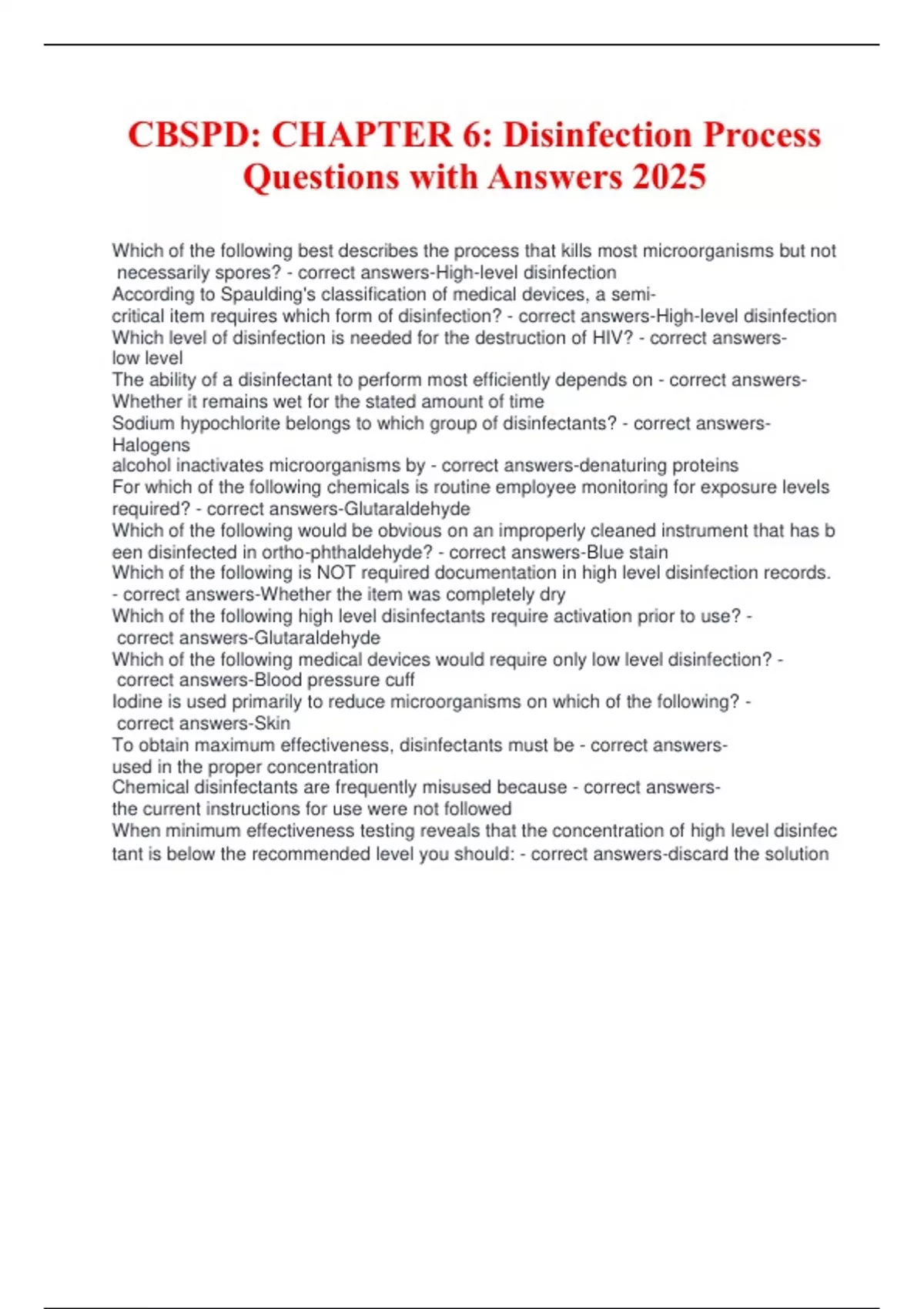 CBSPD: CHAPTER 6: Disinfection Process Questions with Answers 2025 ...
