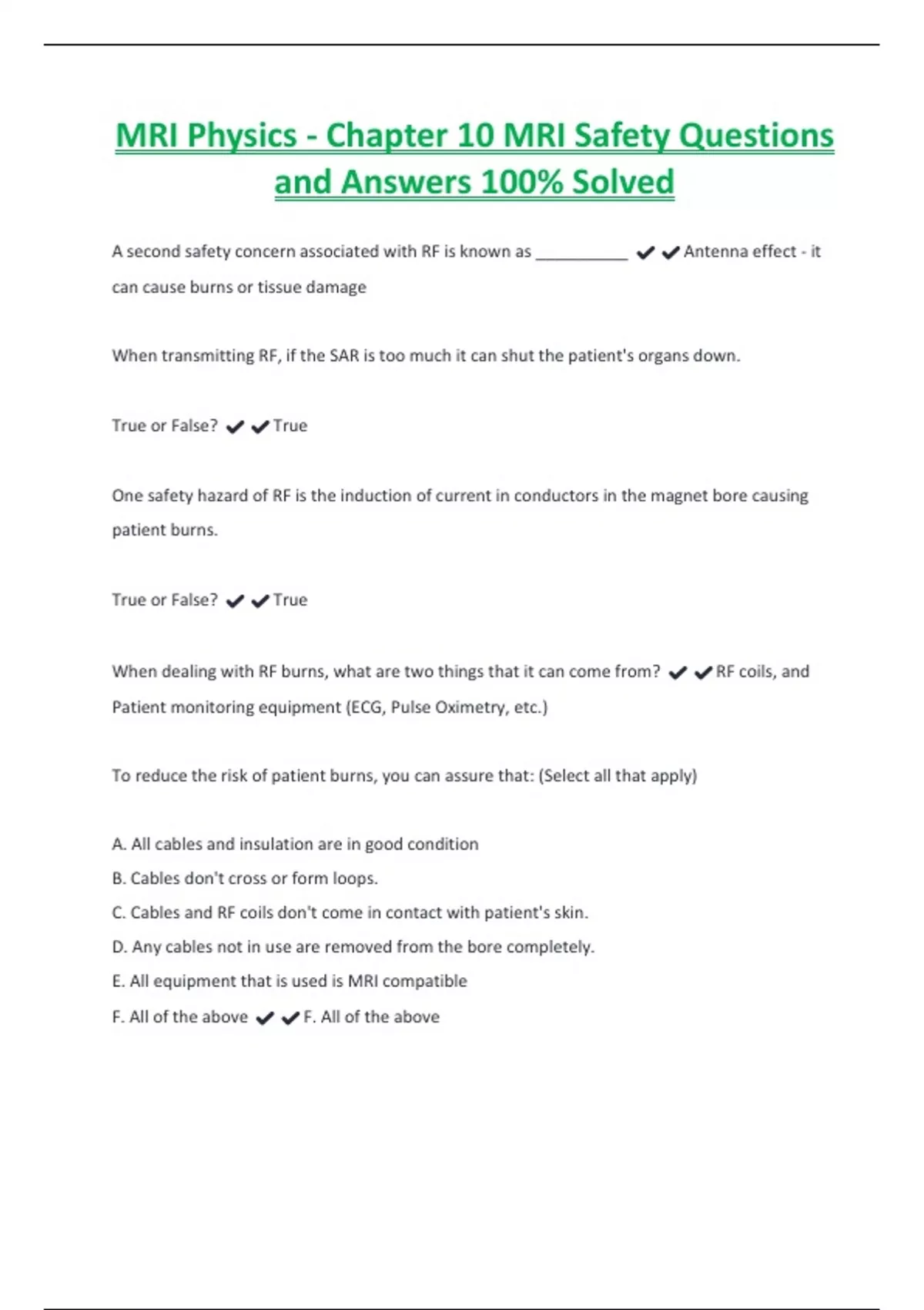MRI Physics - Chapter 10 MRI Safety Questions and Answers 100% Solved - MRI - Stuvia US
