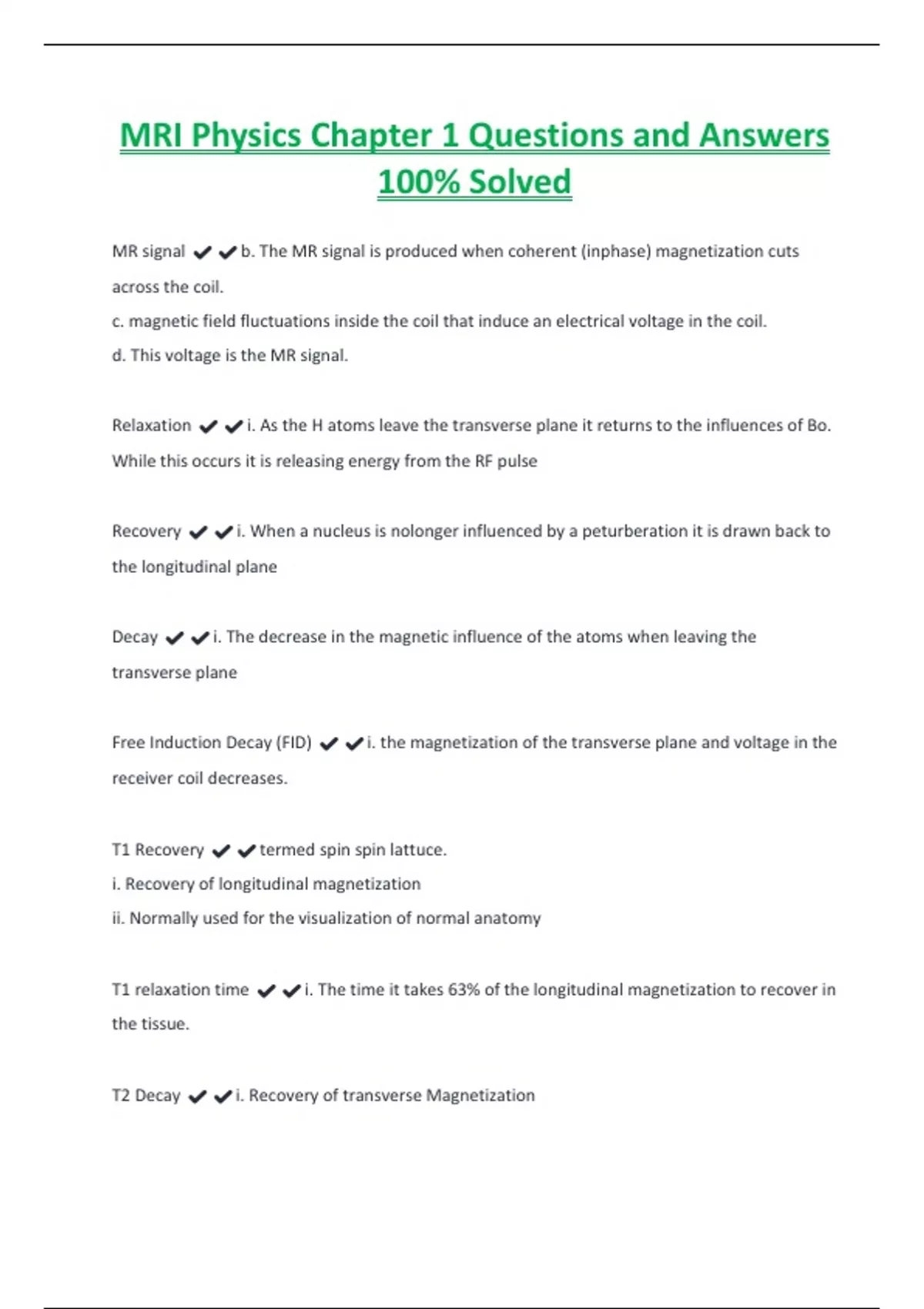MRI Physics Chapter 1 Questions and Answers 100% Solved - MRI - Stuvia US