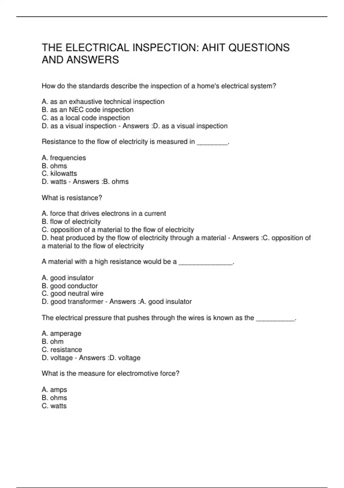 THE ELECTRICAL INSPECTION AHIT QUESTIONS AND ANSWERS - Ahit - Stuvia US