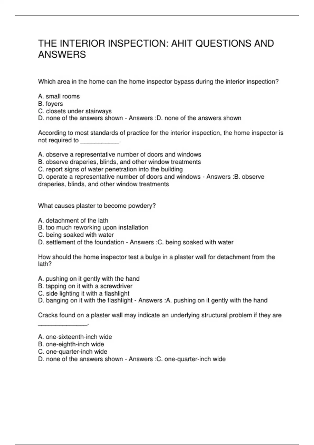 THE INTERIOR INSPECTION AHIT QUESTIONS AND ANSWERS - Ahit - Stuvia US