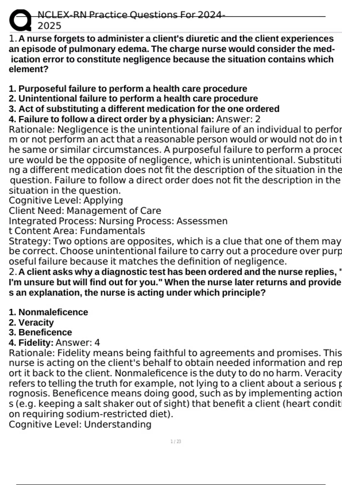 NCLEX-RN Practice Questions For - NCLEX RN - Stuvia US