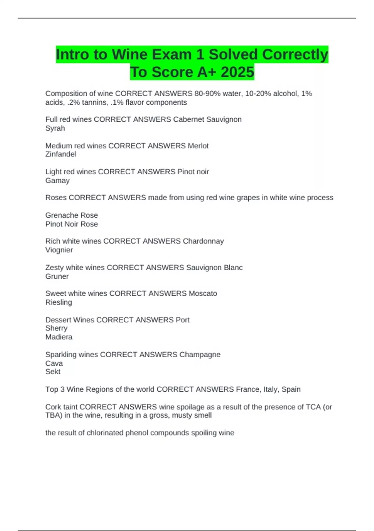 Intro to Wine Exam 1 Solved Correctly To Score A+ 2025 - Intro to Wine ...