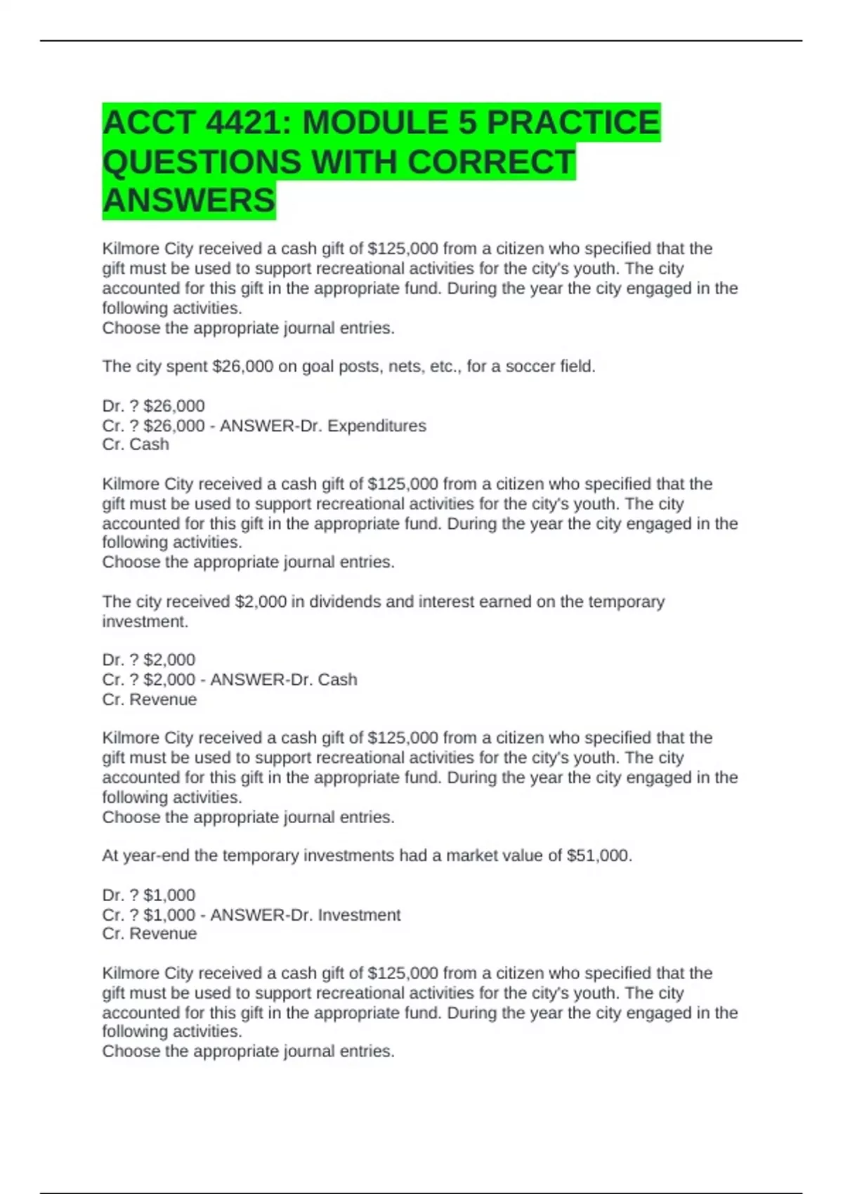 ACCT 4421: MODULE 5 PRACTICE QUESTIONS WITH CORRECT ANSWERS - ACCT 4221 ...