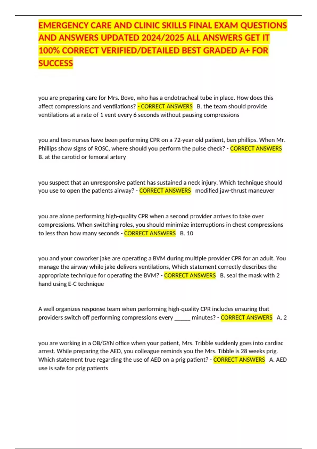 EMERGENCY CARE AND CLINIC SKILLS FINAL EXAM QUESTIONS AND ANSWERS ...