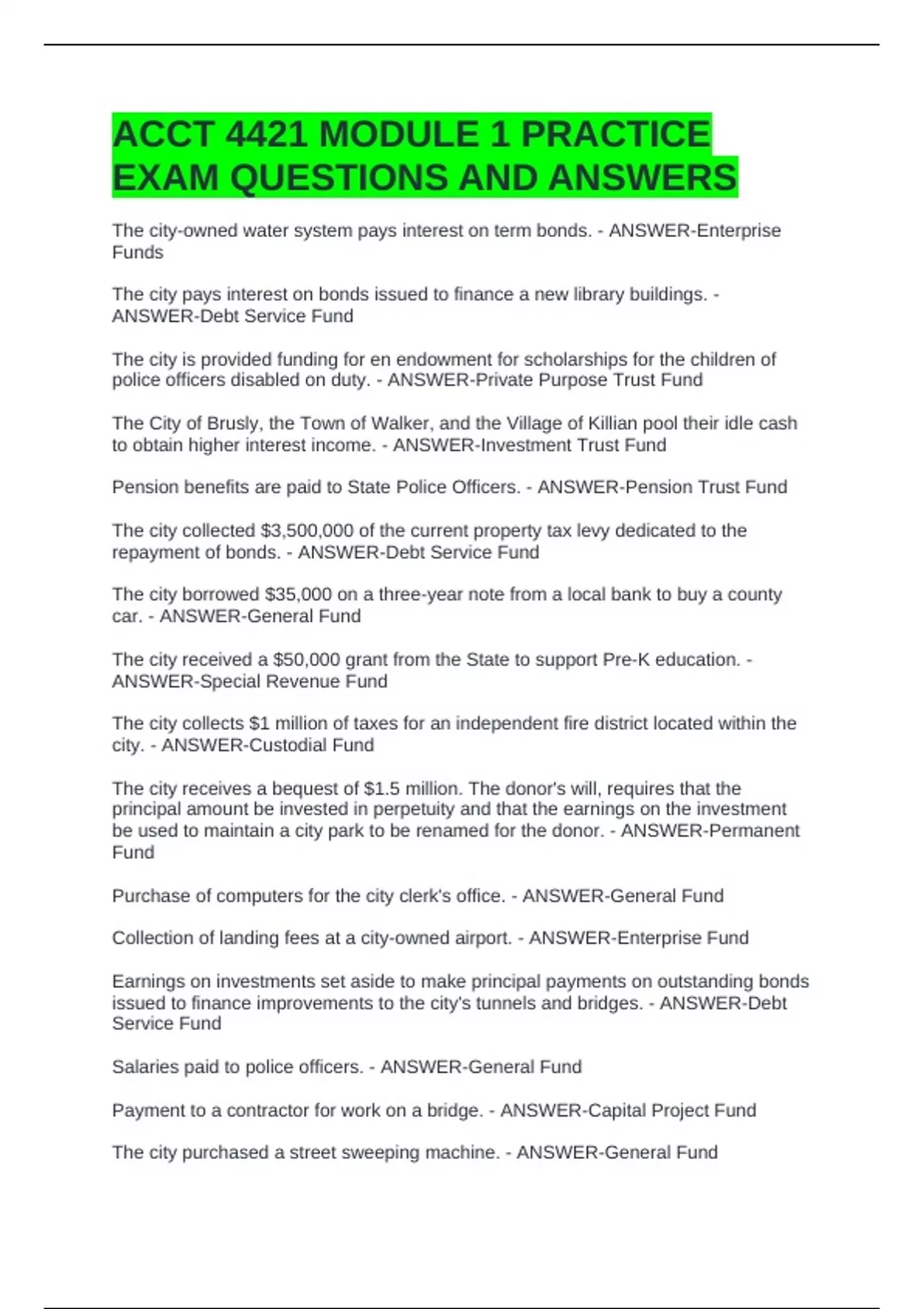 ACCT 4421 MODULE 1 PRACTICE EXAM QUESTIONS AND ANSWERS - ACCT 4221 ...