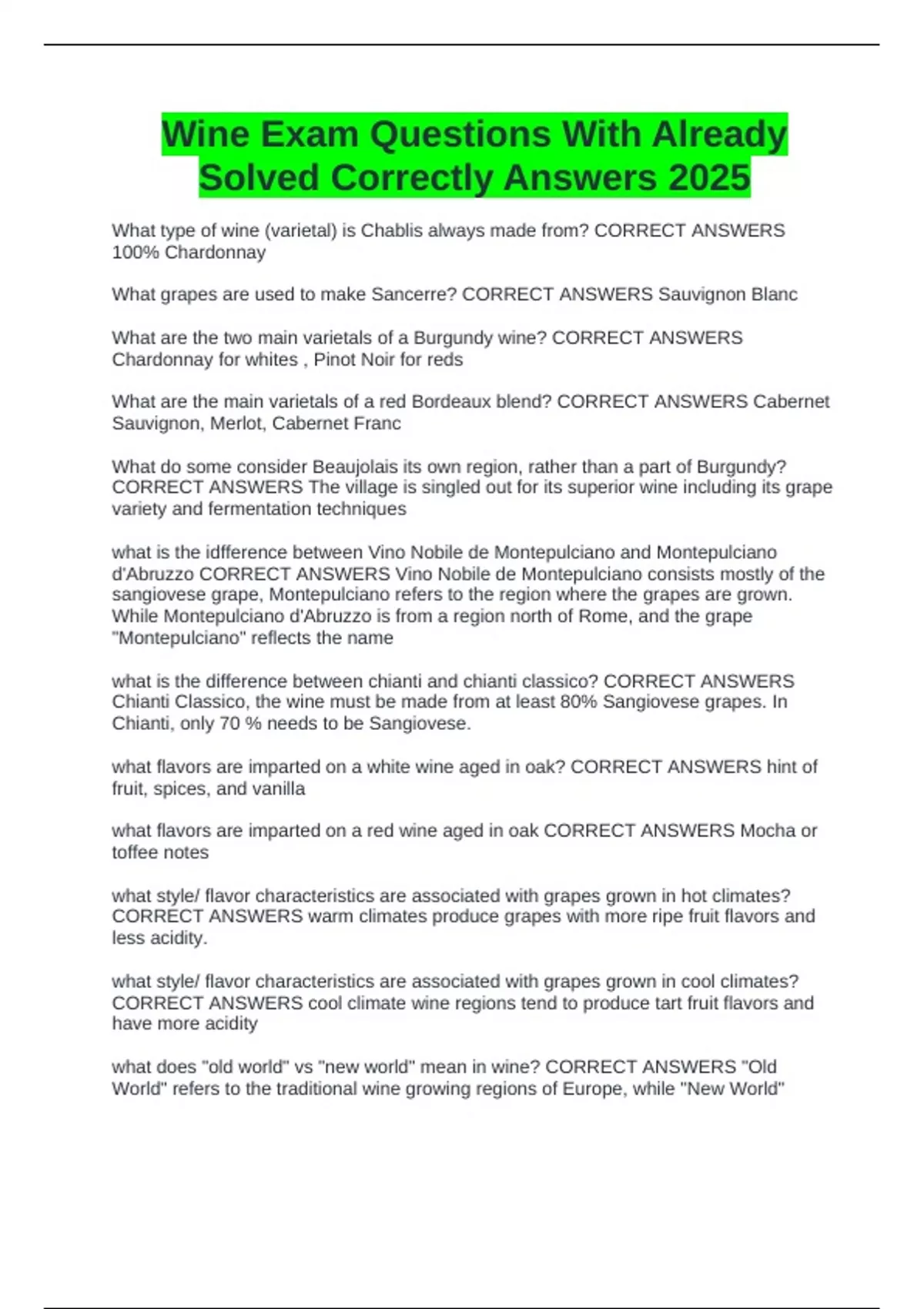 Wine Exam Questions With Already Solved Correctly Answers 2025 - Intro ...