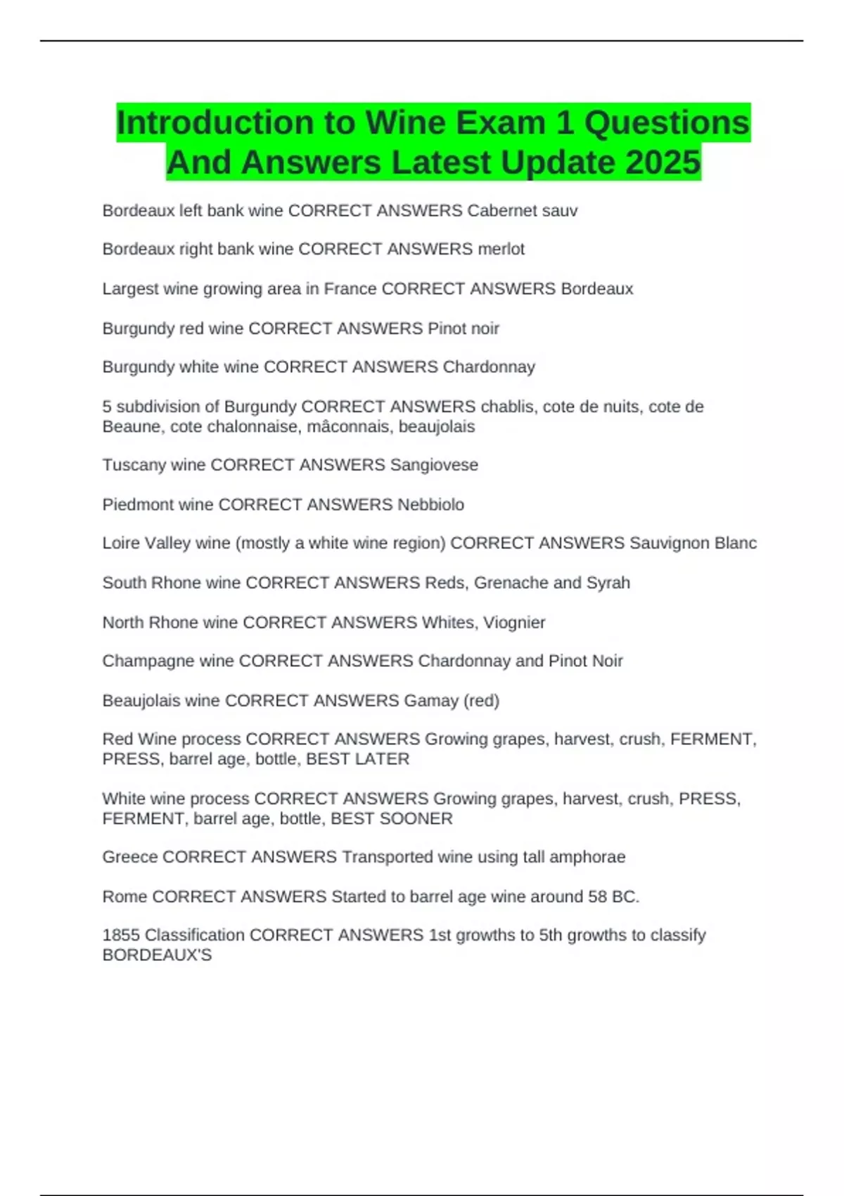 Introduction to Wine Exam 1 Questions And Answers Latest Update 2025 ...