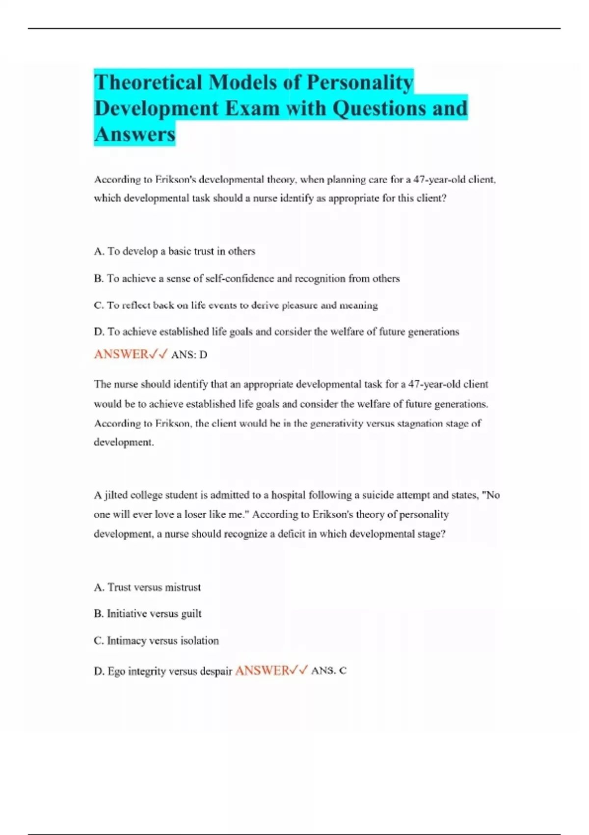 Theoretical Models of Personality Development Exam with Questions and ...