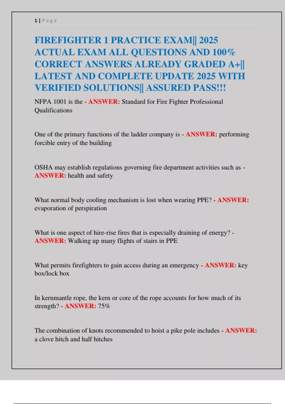 FIREFIGHTER 1 PRACTICE EXAM|| 2025 ACTUAL EXAM ALL QUESTIONS AND 100% ...