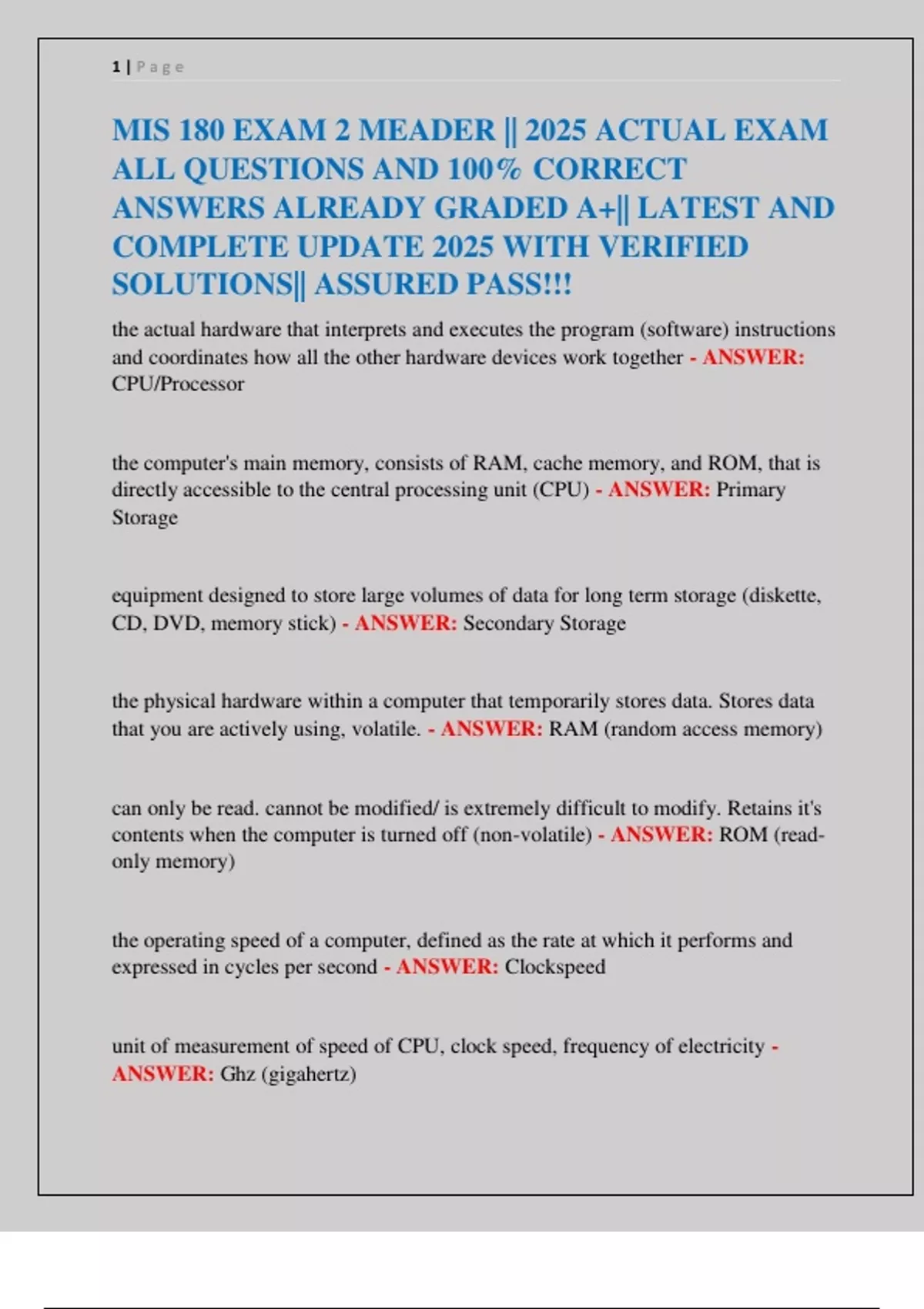 MIS 180 MEADER EXAM 2|| 2025 ACTUAL EXAM ALL QUESTIONS AND 100% CORRECT ANSWERS ALREADY GRADED ...