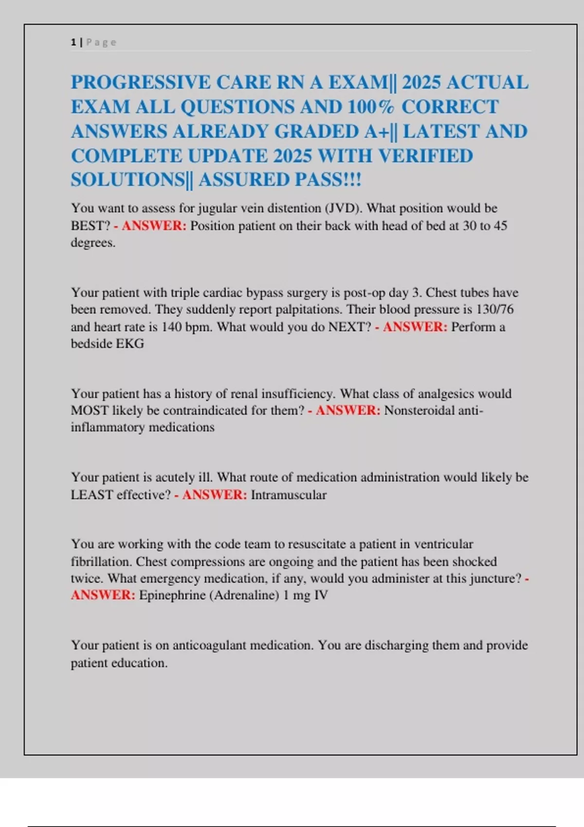 PROGRESSIVE CARE RN A V1 TEST EXAM|| PROGRESSIVE CARE RN A EXAM|| 2025 ...