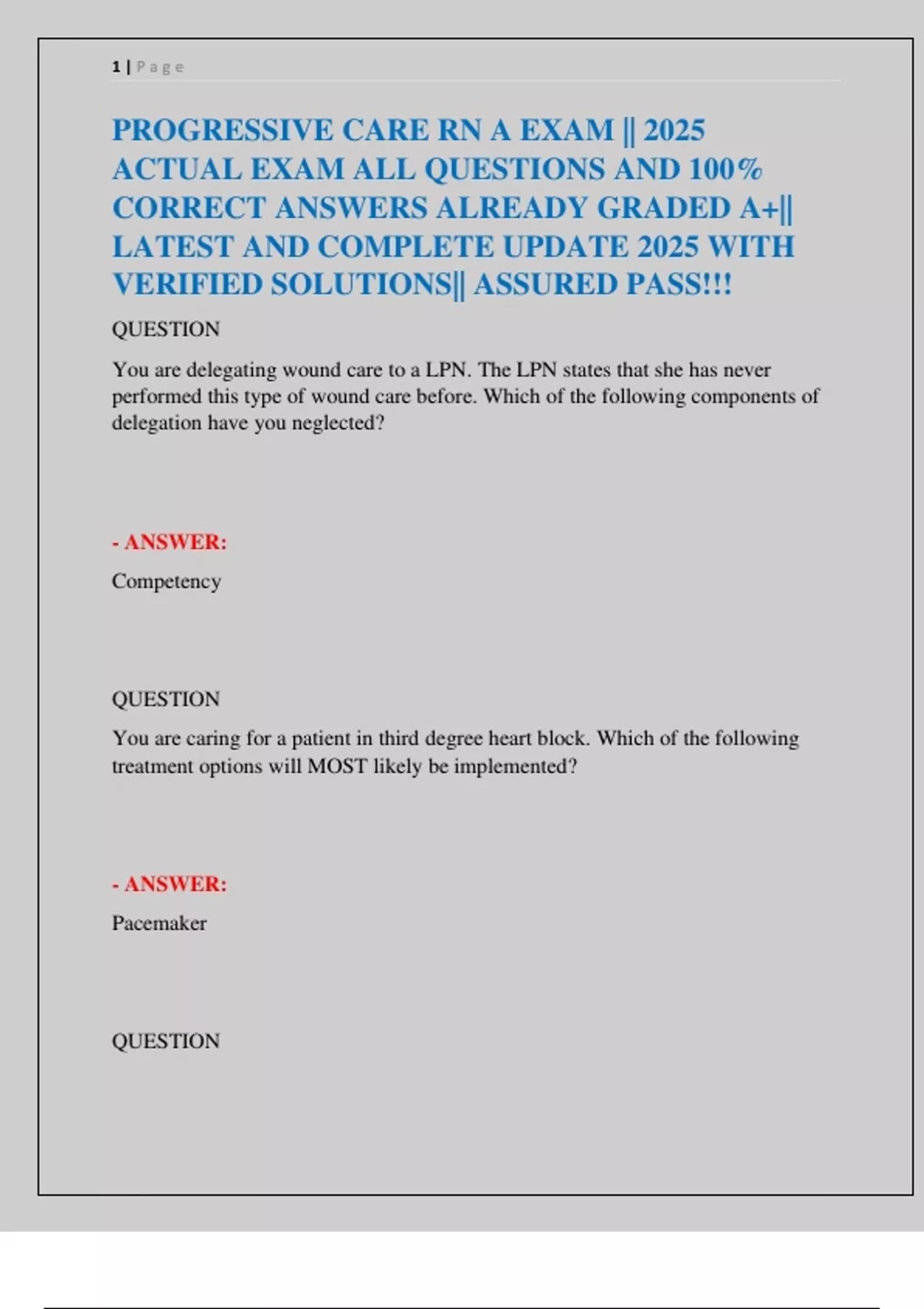 PROGRESSIVE CARE RN A EXAM || 2025 ACTUAL EXAM ALL QUESTIONS AND 100% ...