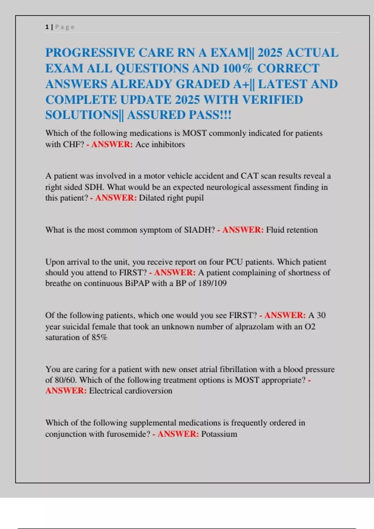 PROGRESSIVE CARE RN A EXAM|| 2025 ACTUAL EXAM ALL QUESTIONS AND 100% ...