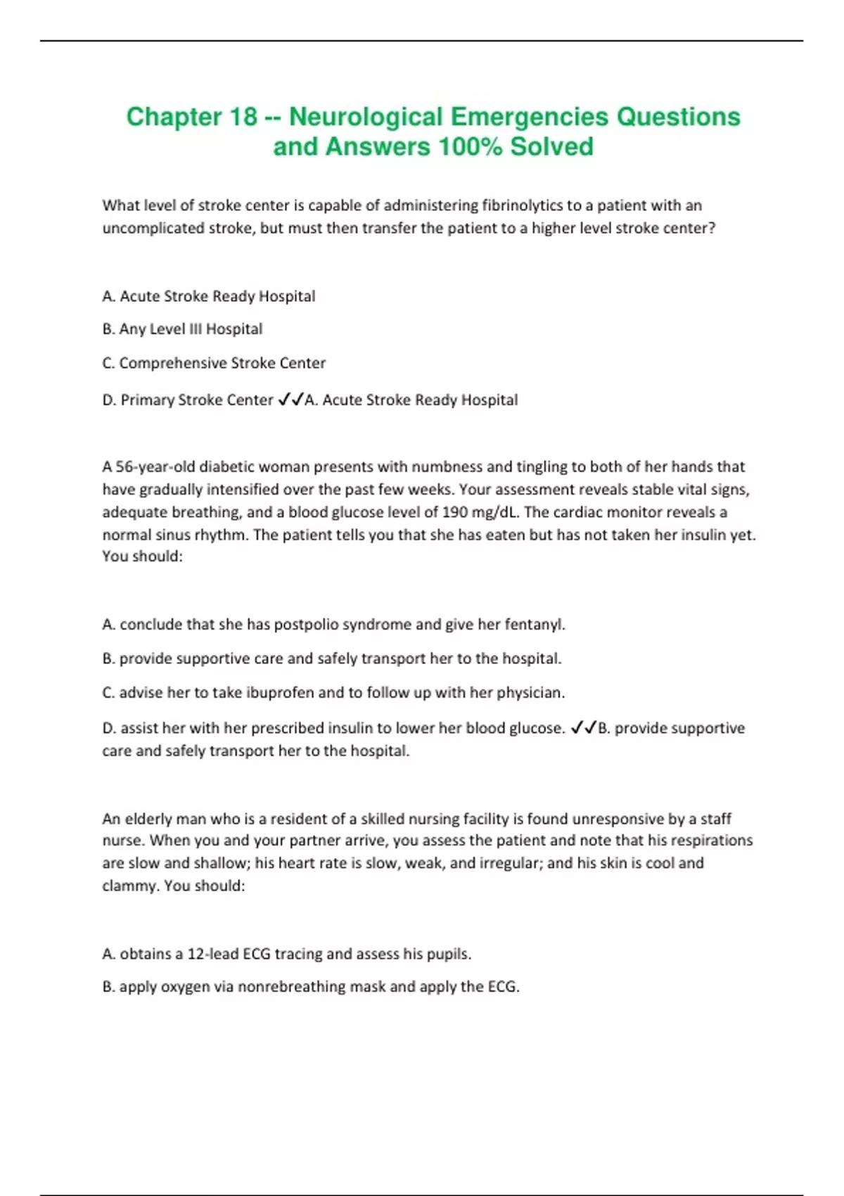 Chapter 18 -- Neurological Emergencies Questions and Answers 100% ...