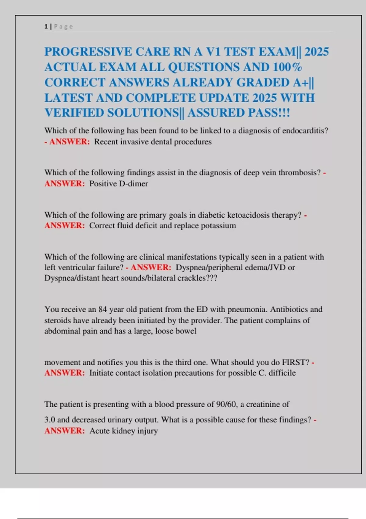 PROGRESSIVE CARE RN A V1 TEST EXAM|| 2025 ACTUAL EXAM ALL QUESTIONS AND ...