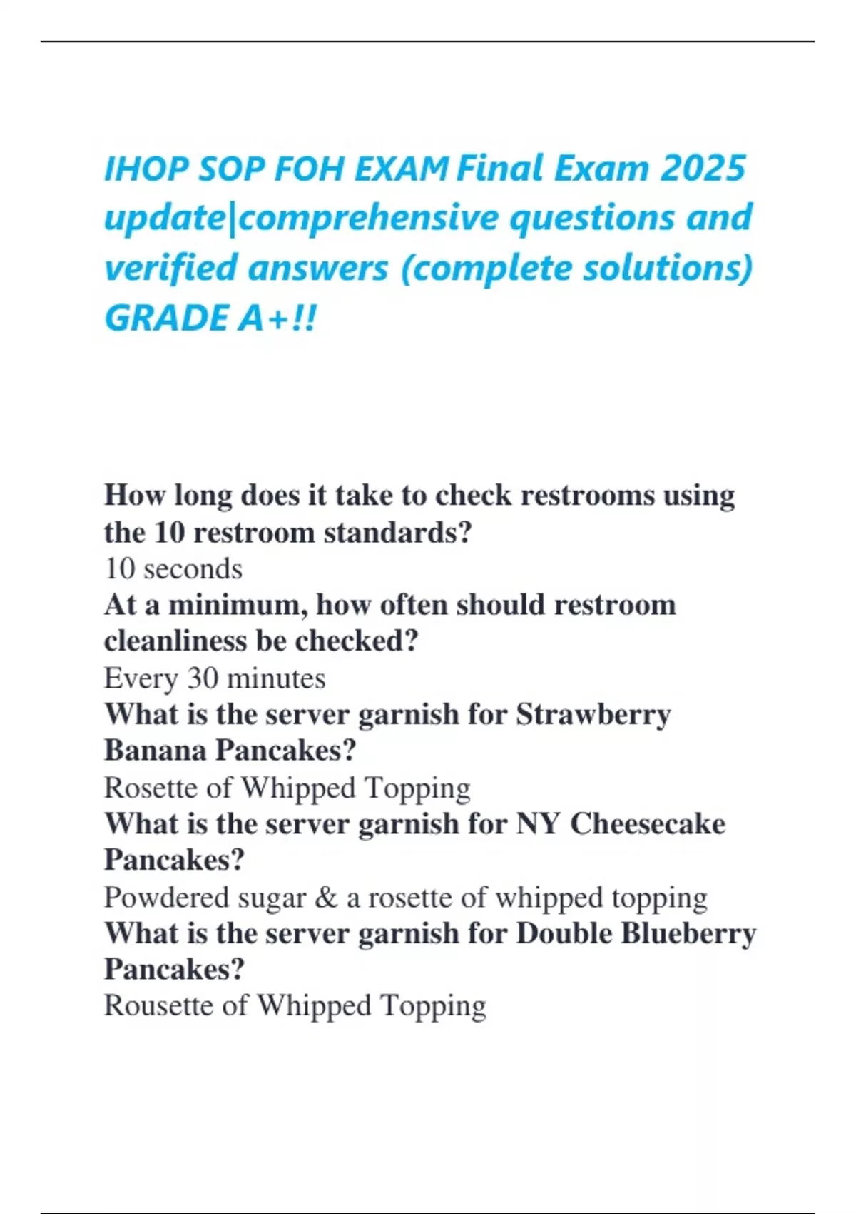 IHOP SOP FOH EXAM Final Exam 2025 update|comprehensive questions and ...