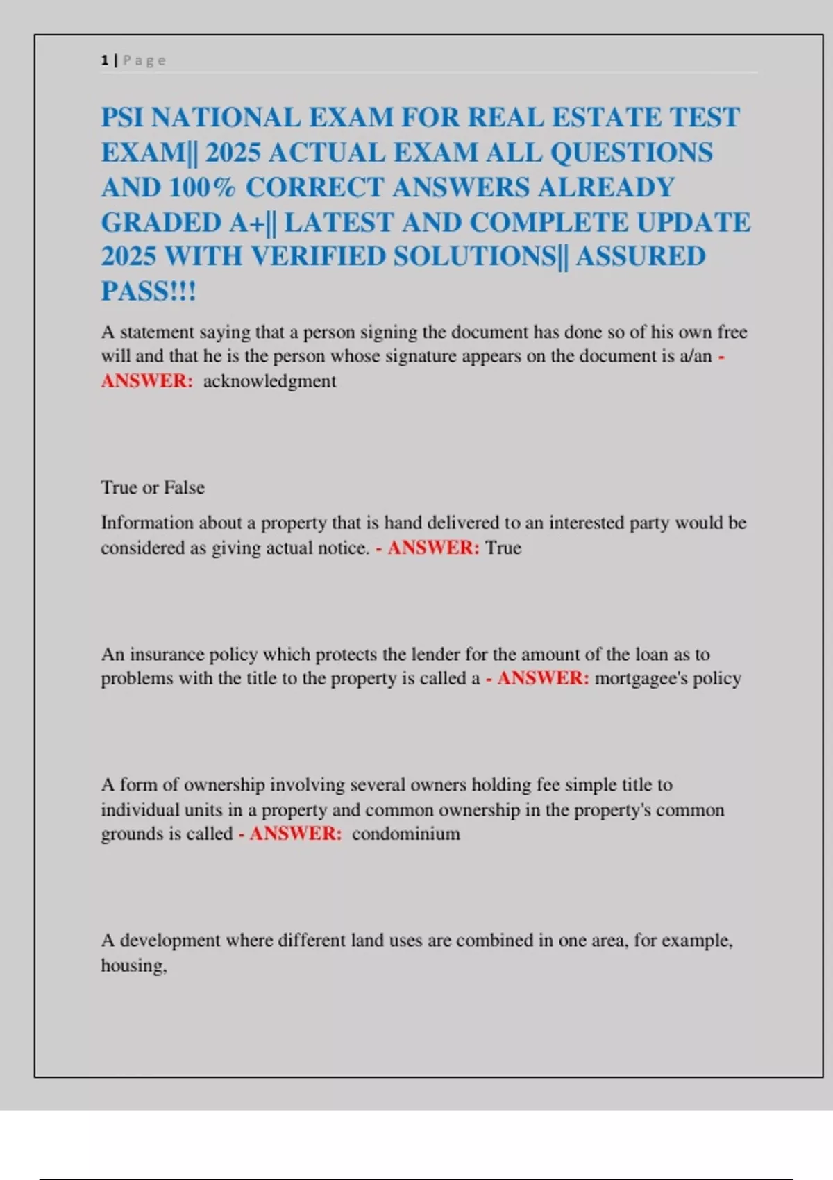 PSI NATIONAL EXAM FOR REAL ESTATE TEST EXAM|| 2025 ACTUAL EXAM ALL ...