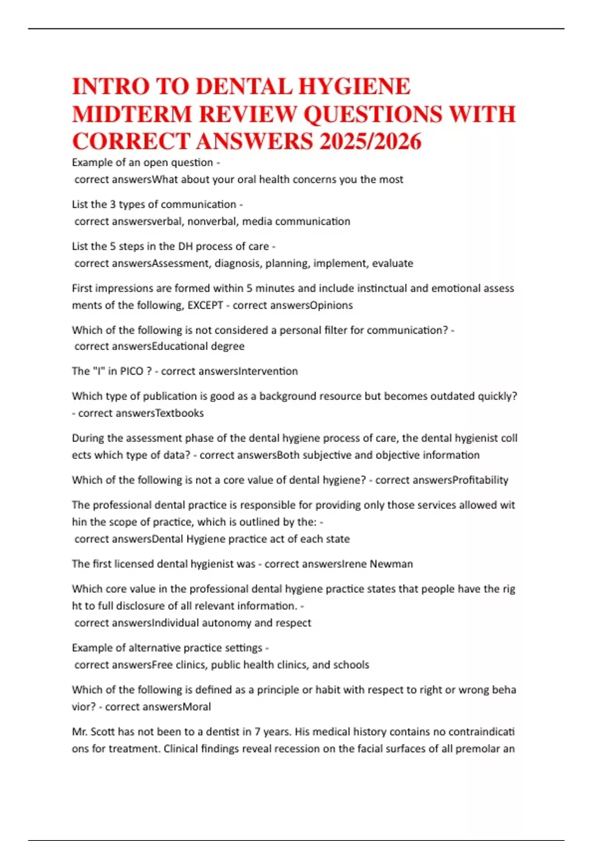INTRO TO DENTAL HYGIENE MIDTERM REVIEW QUESTIONS WITH CORRECT ANSWERS ...