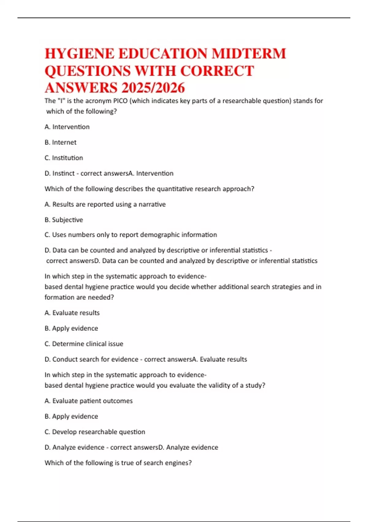 HYGIENE EDUCATION MIDTERM QUESTIONS WITH CORRECT ANSWERS 2025 n - INTRO ...