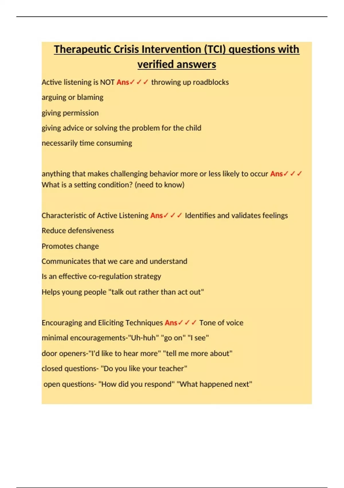 Therapeutic Crisis Intervention (TCI) questions with verified answers ...