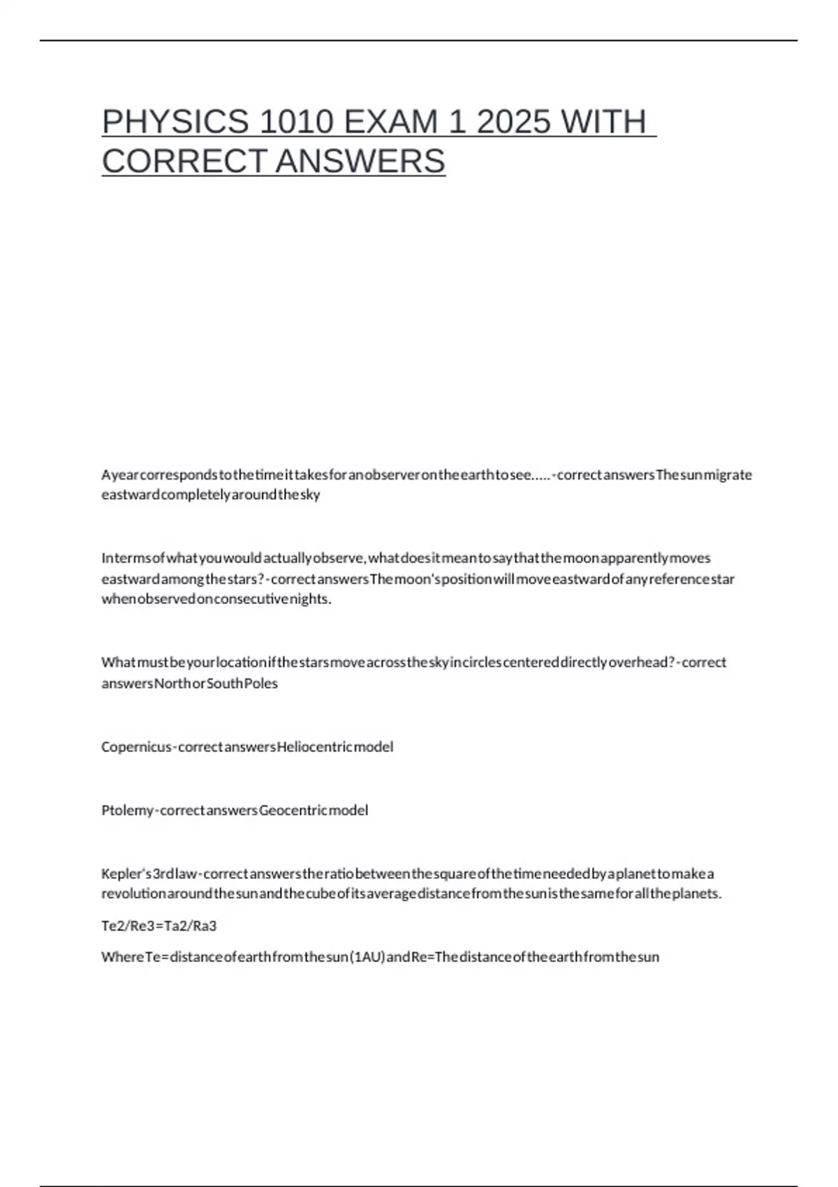 PHYSICS 1010 EXAM 1 2025 WITH CORRECT ANSWERS. - Physics 1010 - Stuvia US