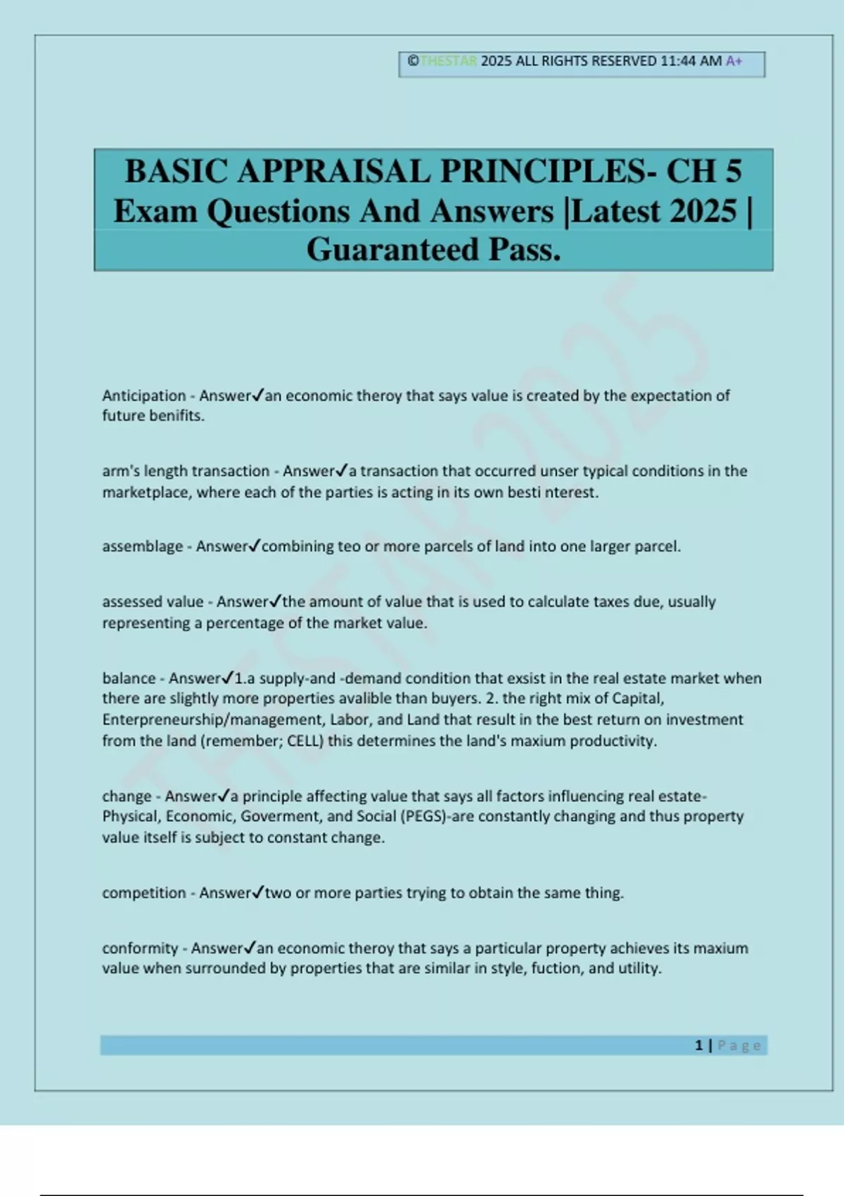 BASIC APPRAISAL PRINCIPLES- CH 5 Exam Questions And Answers |Latest ...