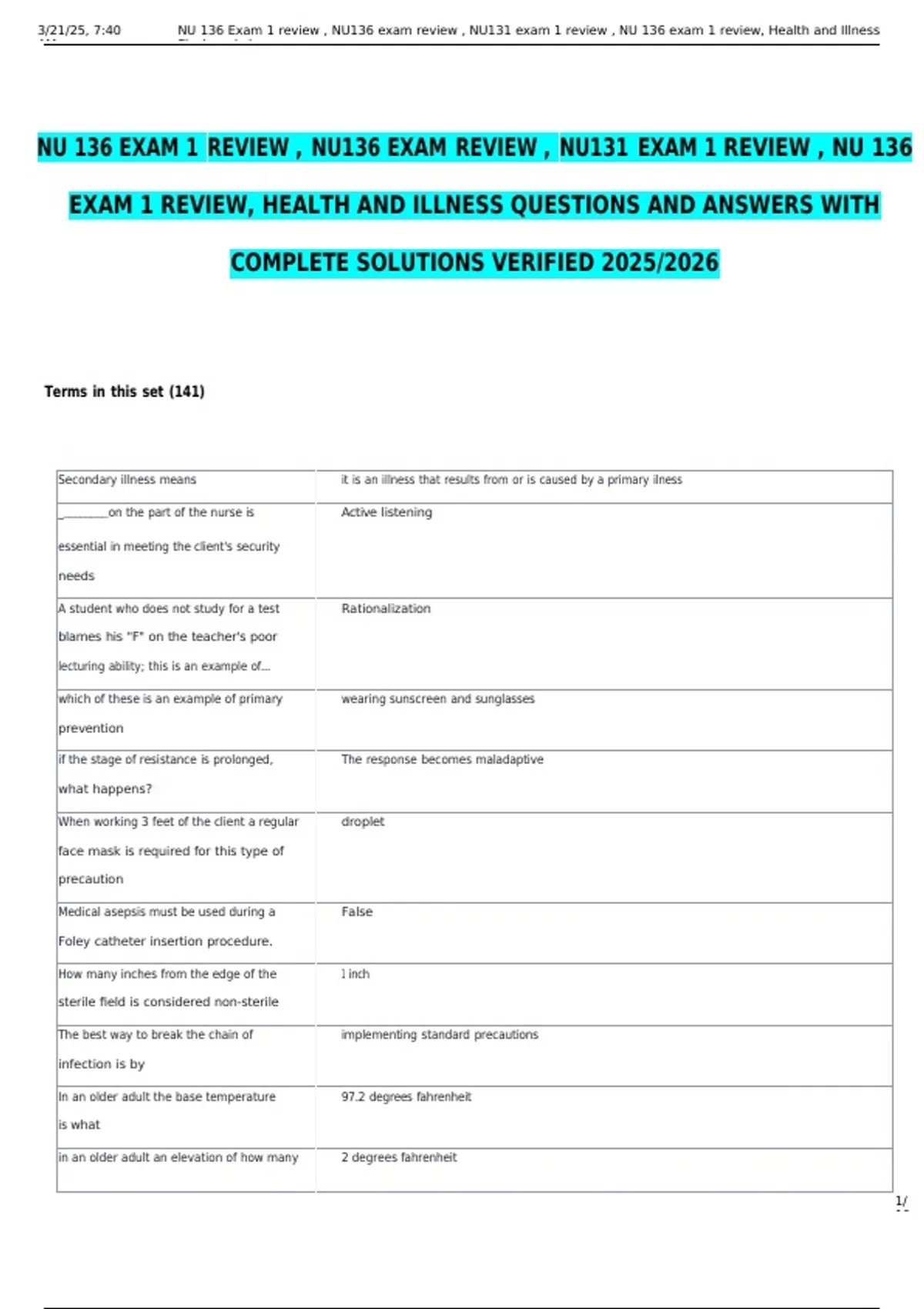 NU 136 EXAM 1 REVIEW , NU136 EXAM REVIEW , NU131 EXAM 1 REVIEW , NU 136 ...