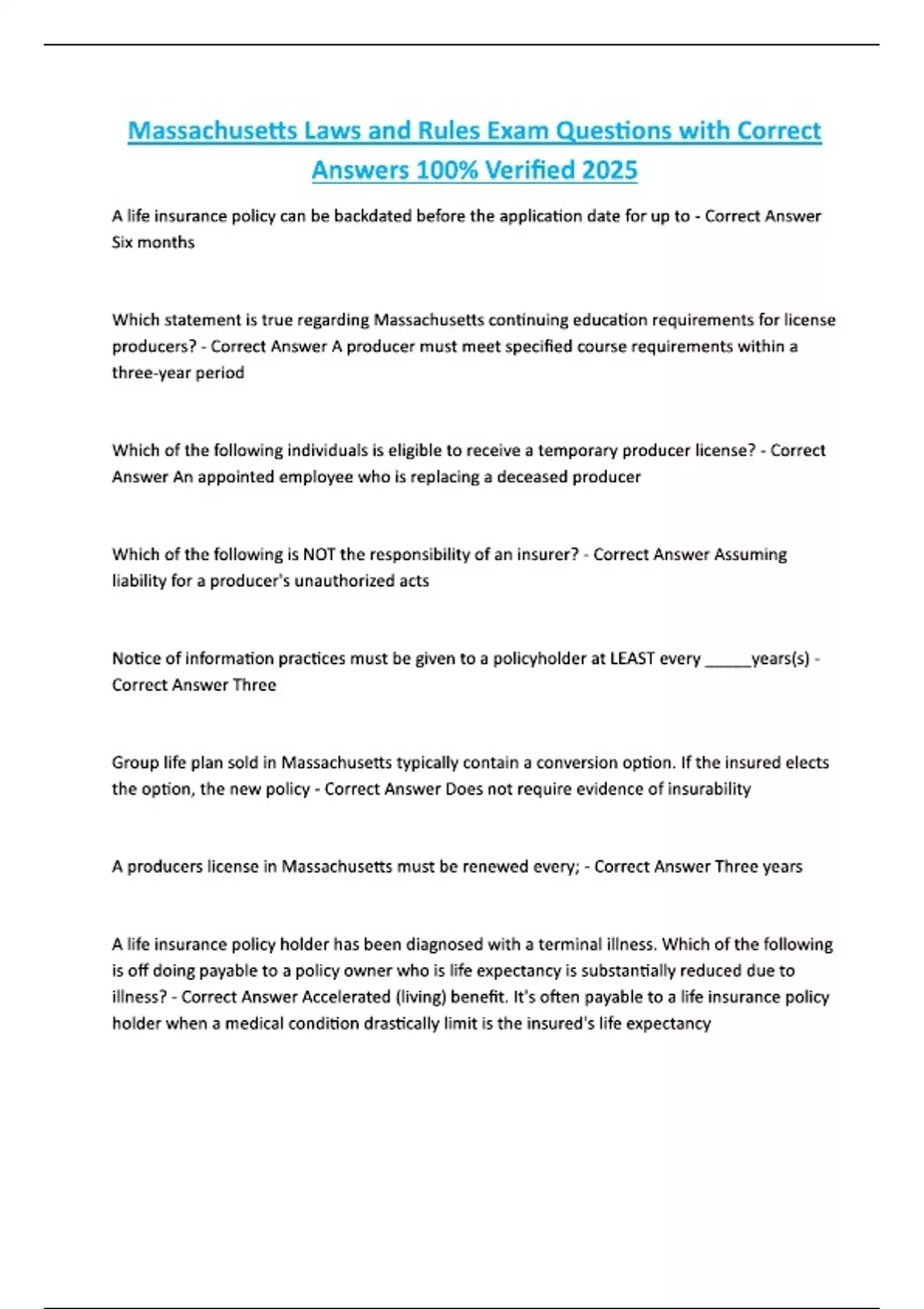 Massachusetts Laws and Rules Exam Questions with Correct Answers 100% ...